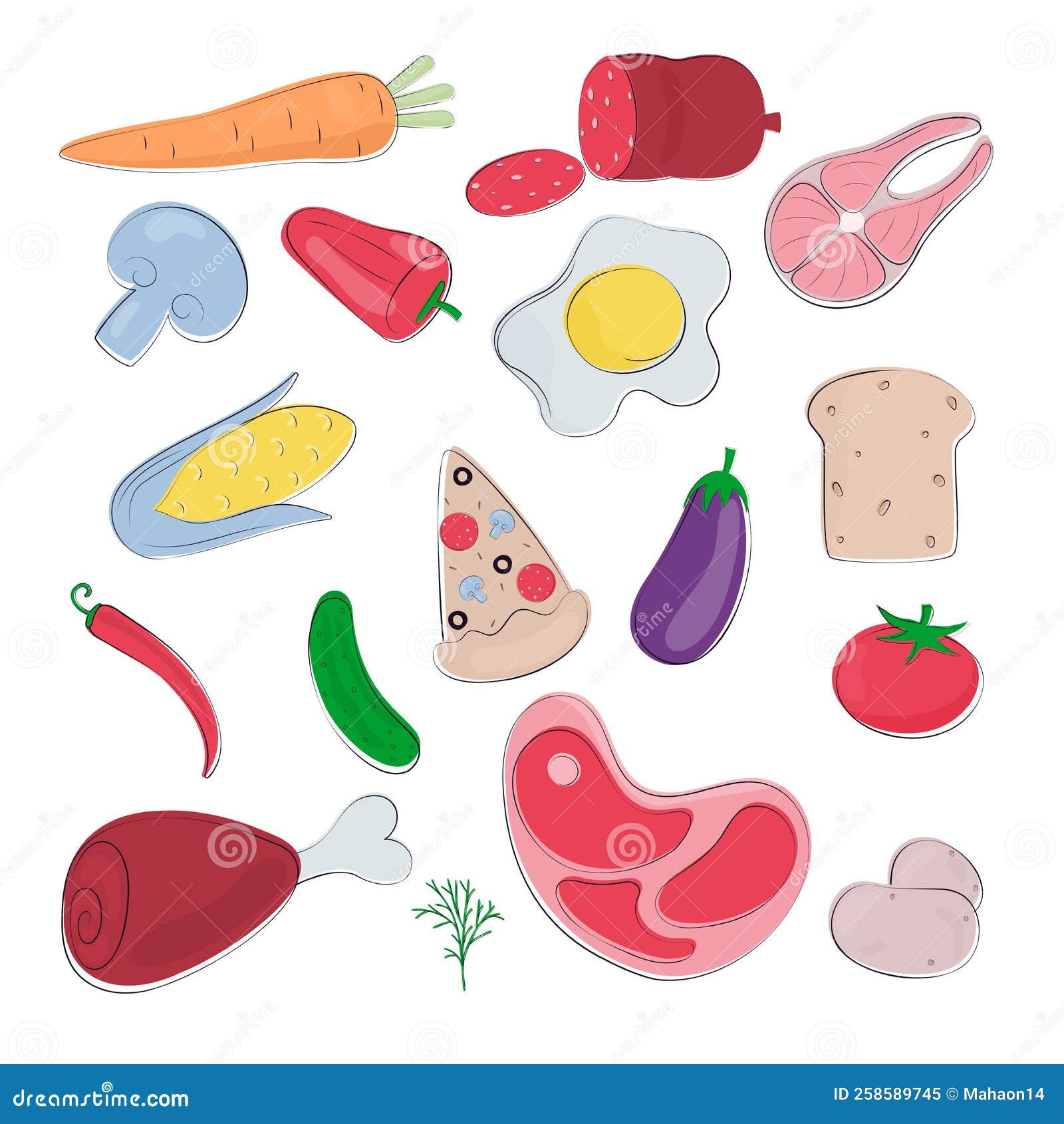 Doodle food set stock vector. Illustration of vegetables - 258589745