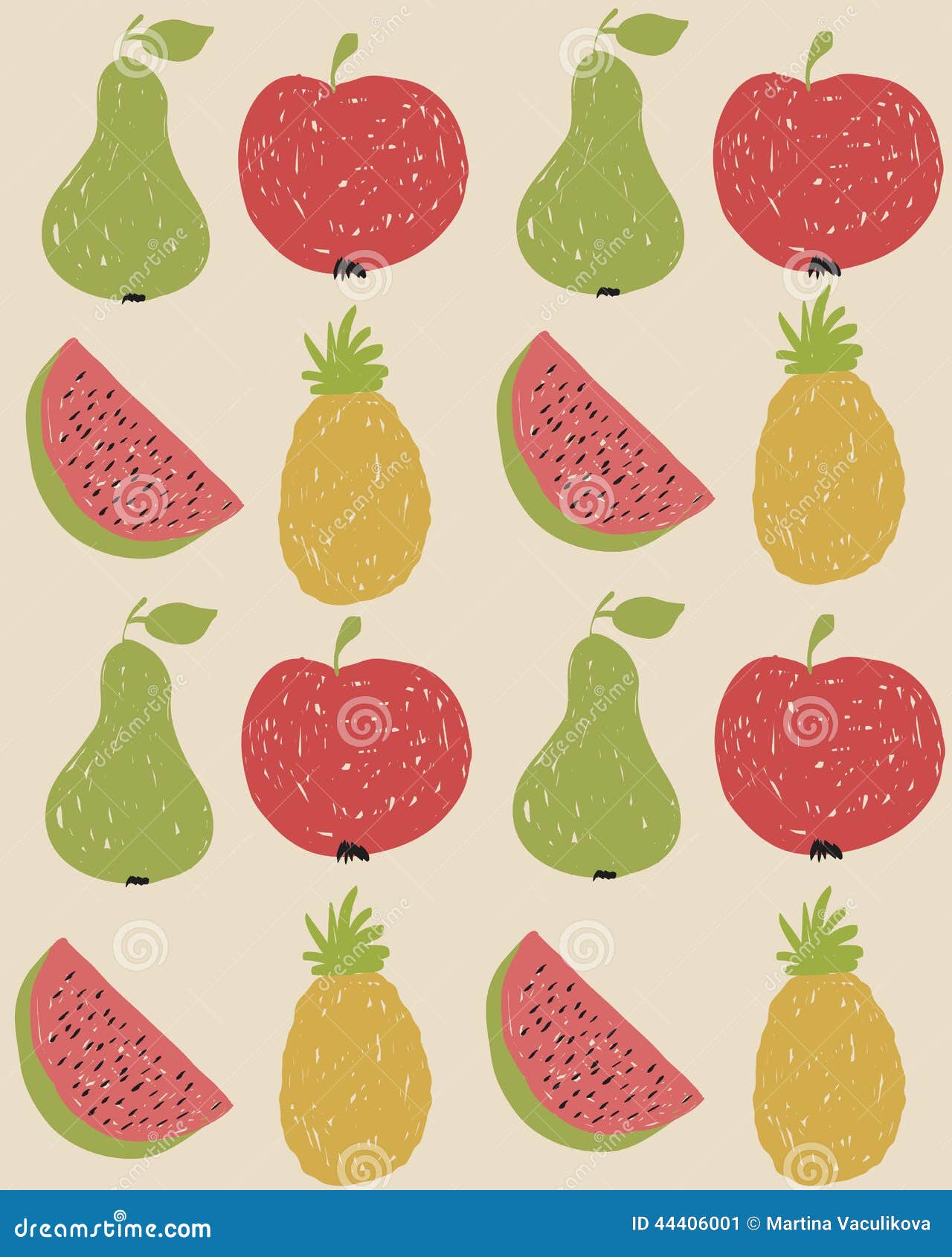 Doodle Fruit Pattern in Retro Colors Stock Vector - Illustration of ...