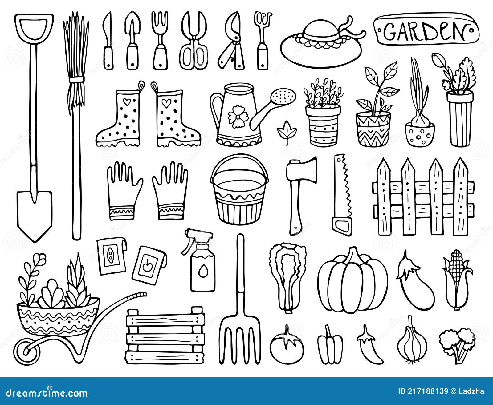 Doodle Garden Set, Objects, Tools, and Elements. Stock Vector ...