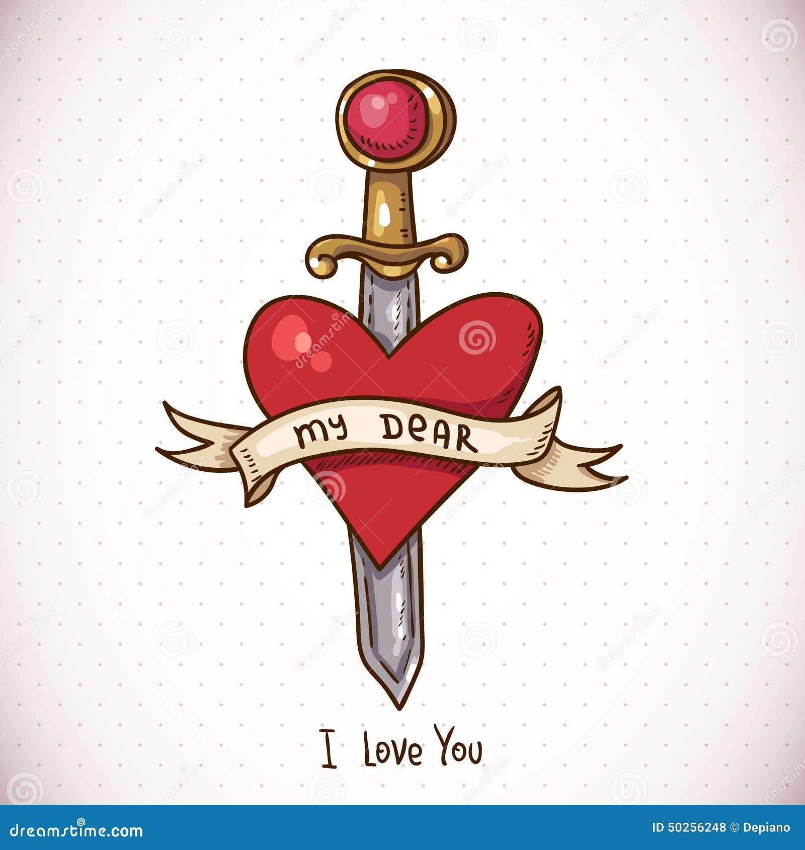 Doodle Greeting Card with Sword, Ribbon and Heart Stock Vector ...