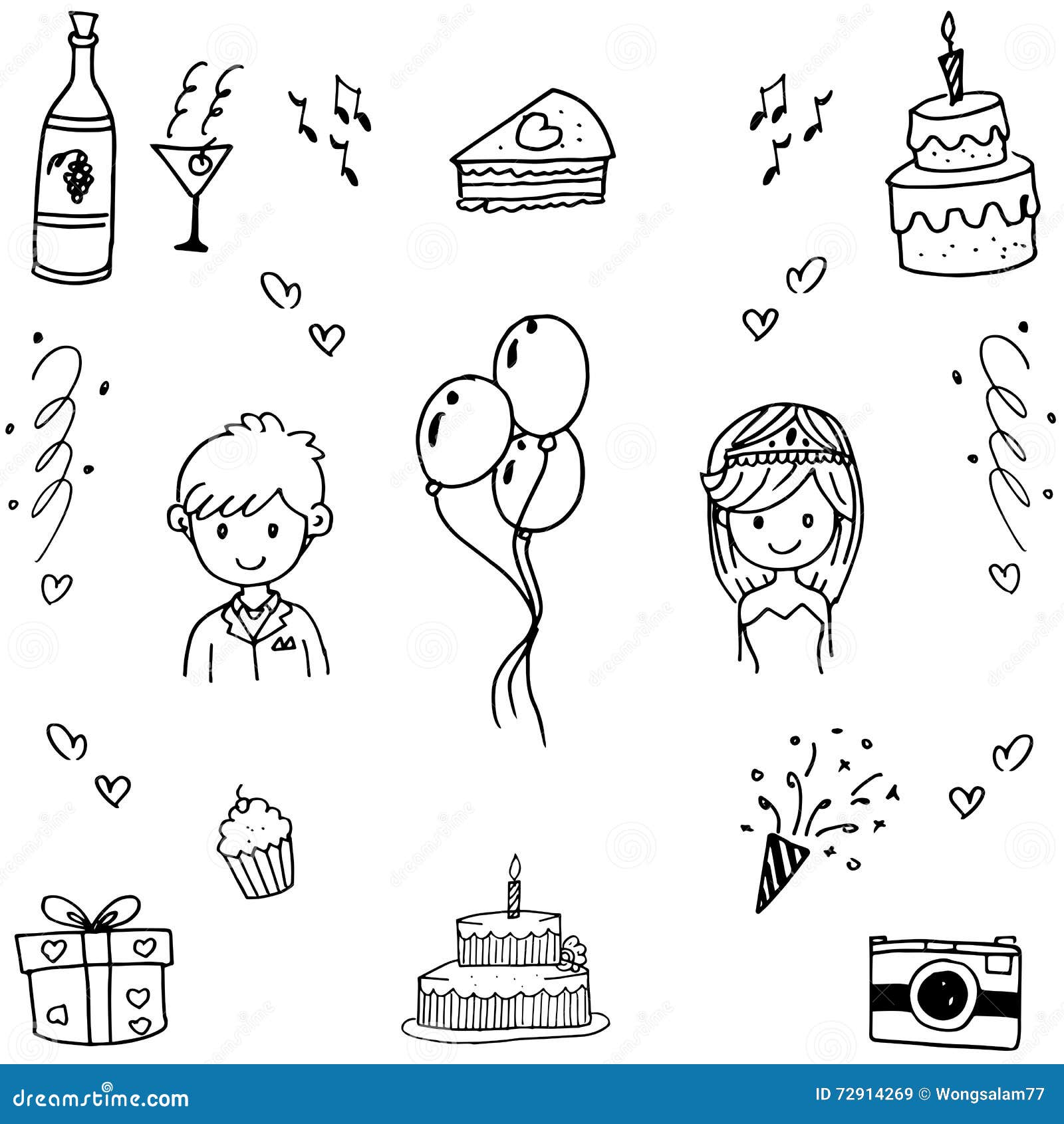 Doodle Hand Draw Wedding Party Stock Vector - Illustration of light ...