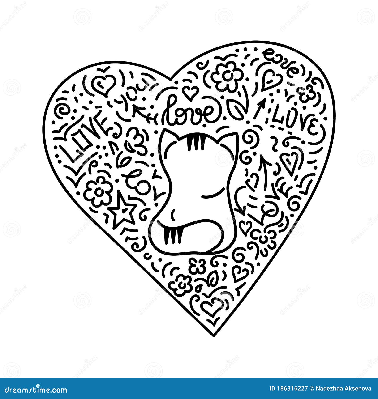 Doodle Hand Drawing. Cute Cat and Heart Stock Illustration ...