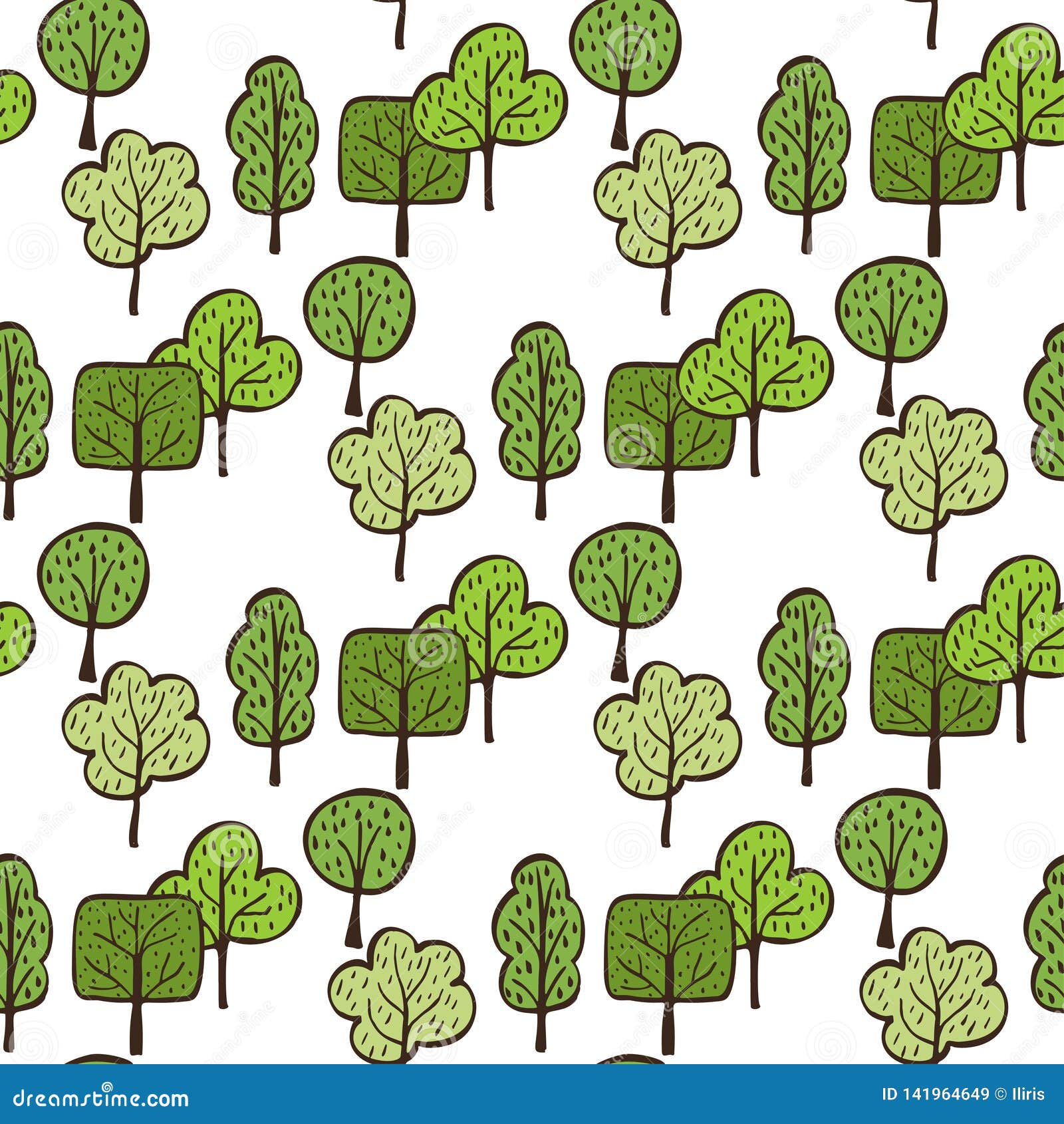 Doodle Hand Drawn Cute Forest Trees Seamless Pattern. Green ...