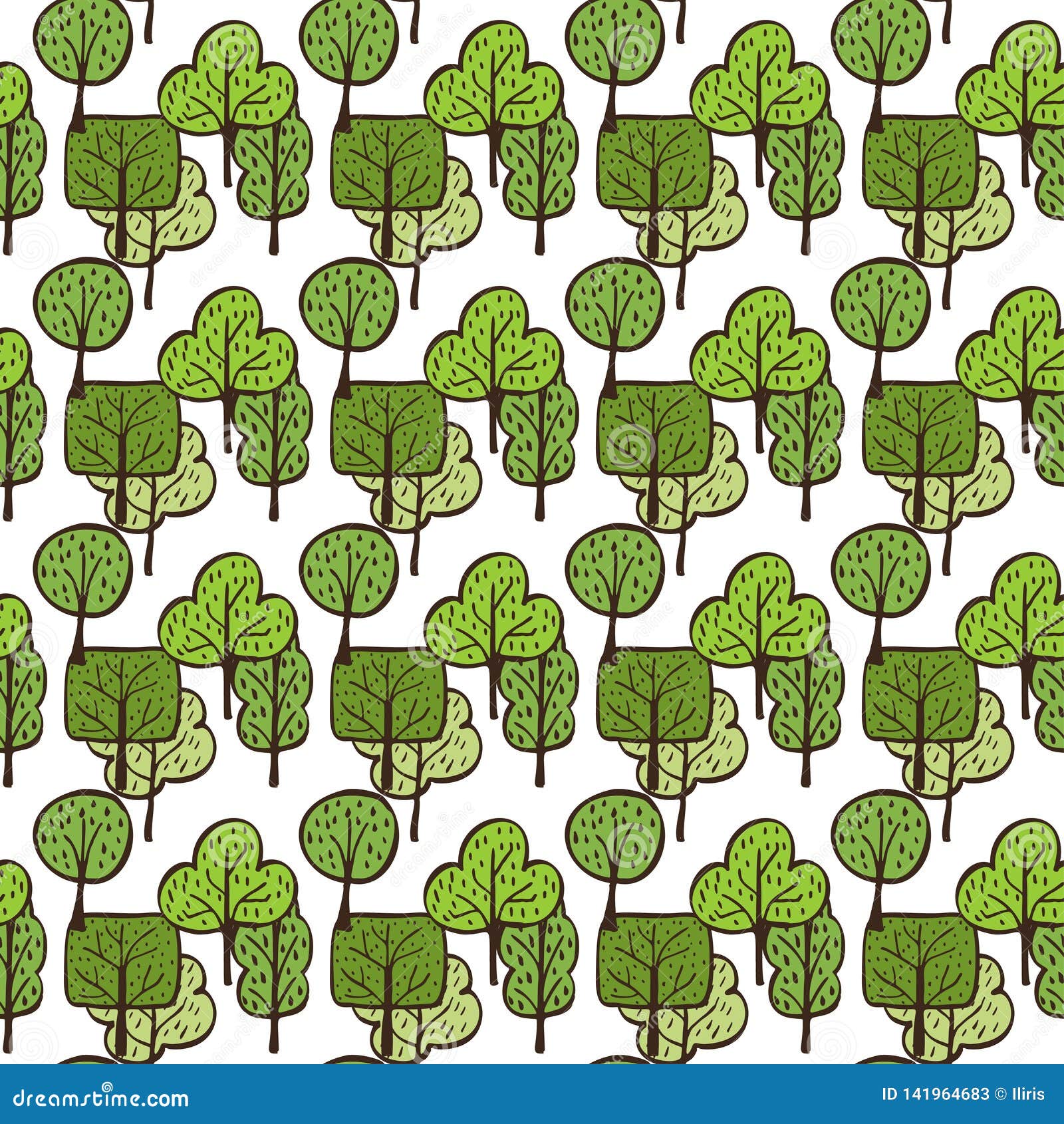 Doodle Hand Drawn Cute Forest Trees Seamless Pattern. Green ...