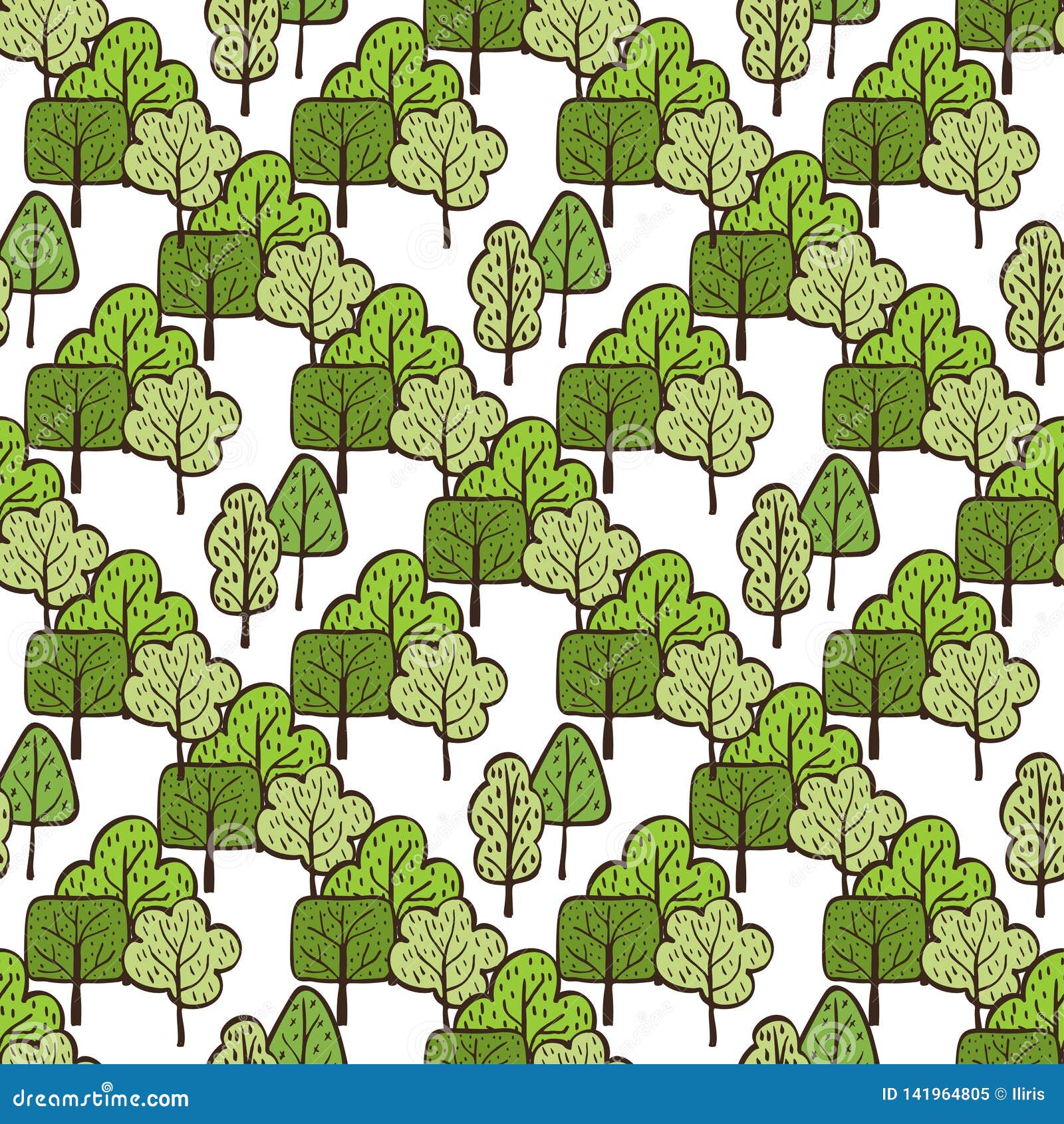 Doodle Hand Drawn Cute Forest Trees Seamless Pattern. Green ...