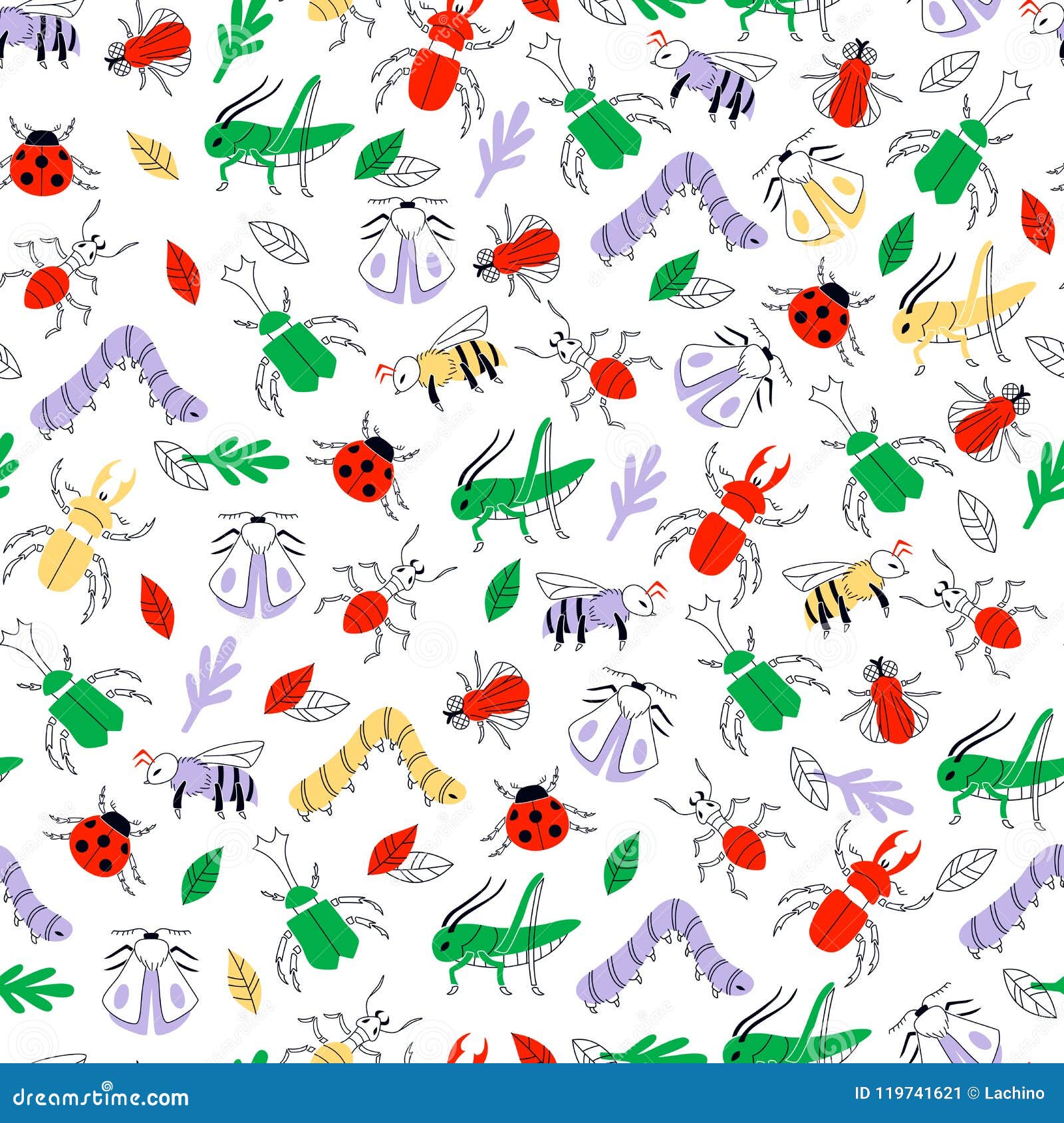 Doodle Hand Drawn Insect Seamless Background. Vector Illustration ...