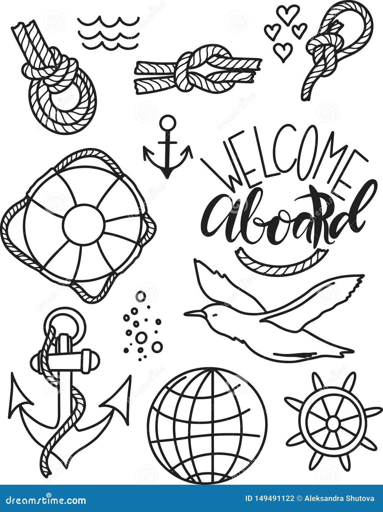 Doodle Hand Drawn Nautical Decor Set. Graphic Design Elements Stock ...