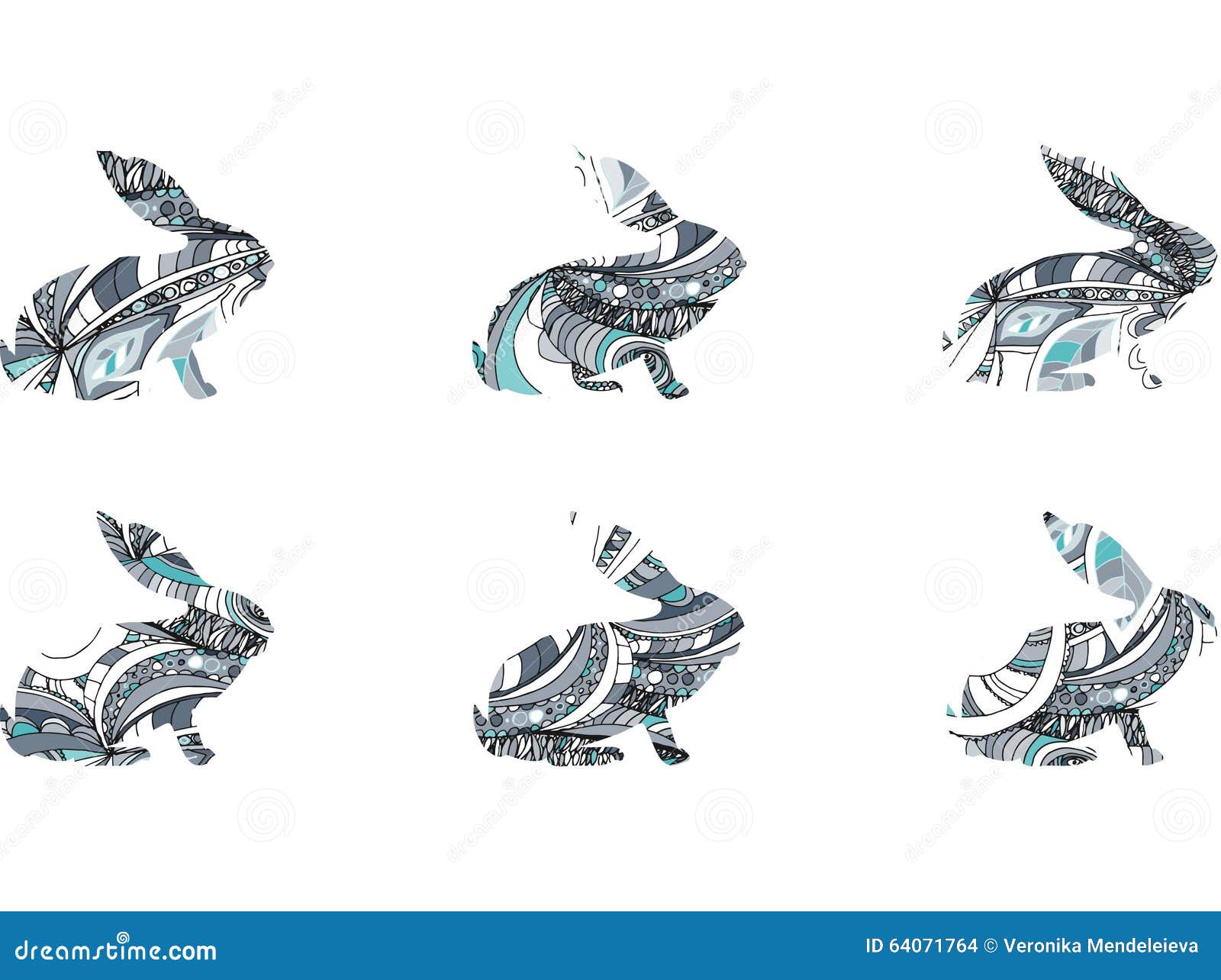 Doodle Hand Drawn Rabbits Set Vector Illustration Stock Vector