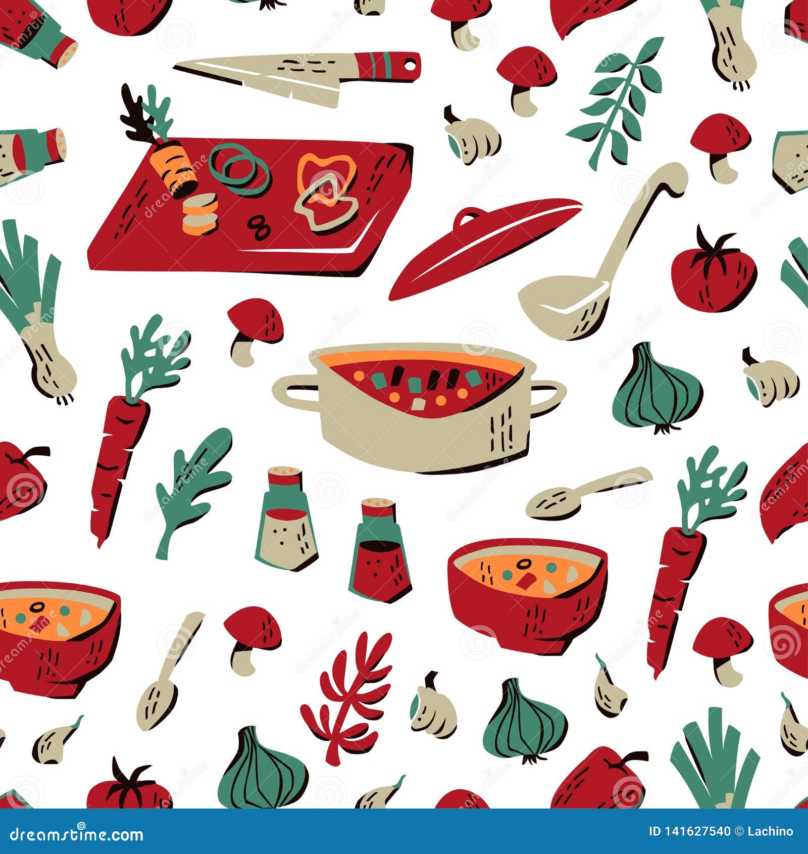 Doodle Hand Drawn Vegetable Soup Seamless Pattern. Vector Illustration ...