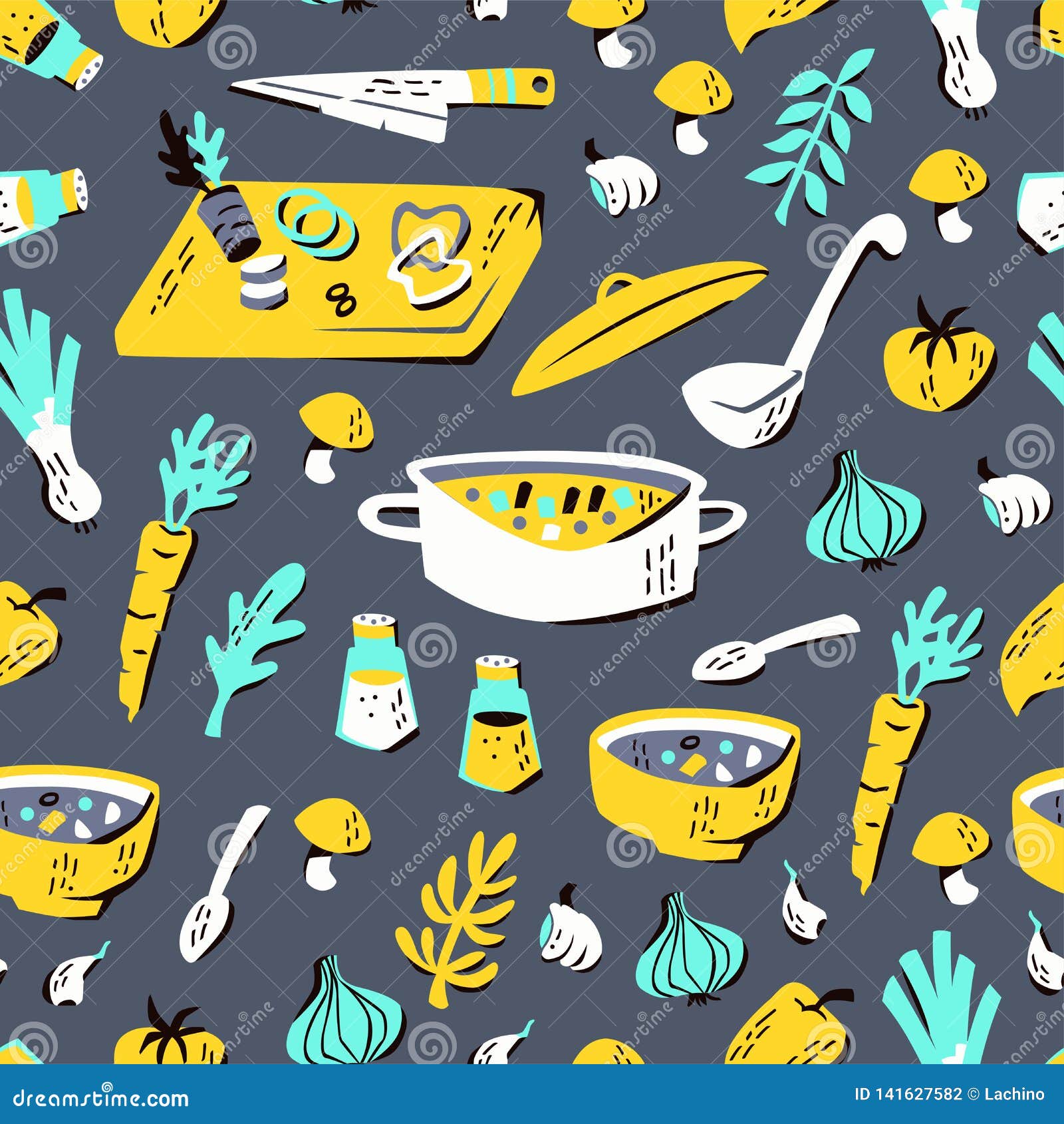 Doodle Hand Drawn Vegetable Soup Seamless Pattern. Vector Illustration ...