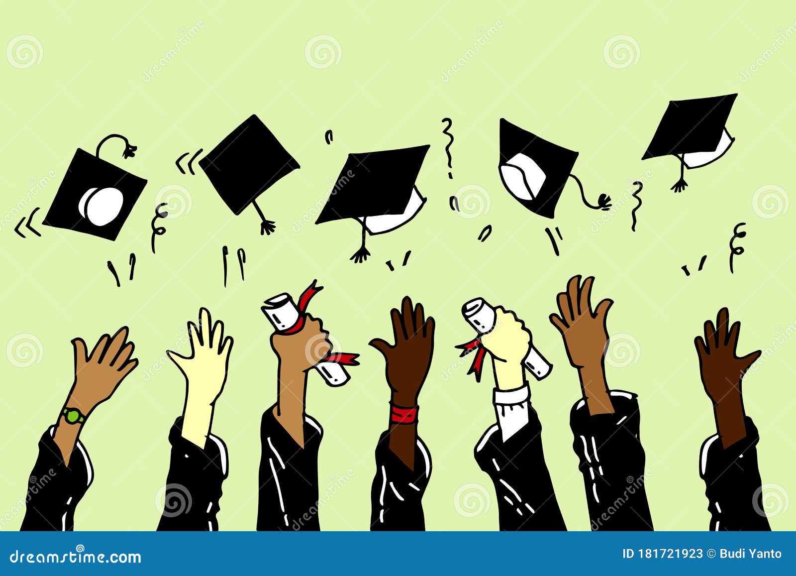Doodle Hands Up Graduation Caps Stock Vector - Illustration of academic ...