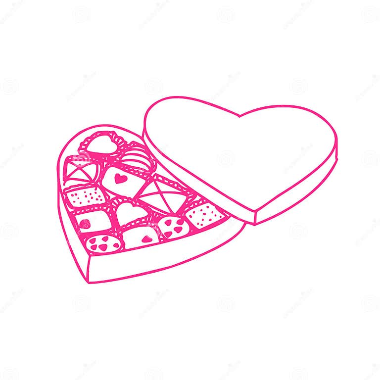 Doodle Heart Shaped Opened Candy Box Icon Stock Vector - Illustration ...