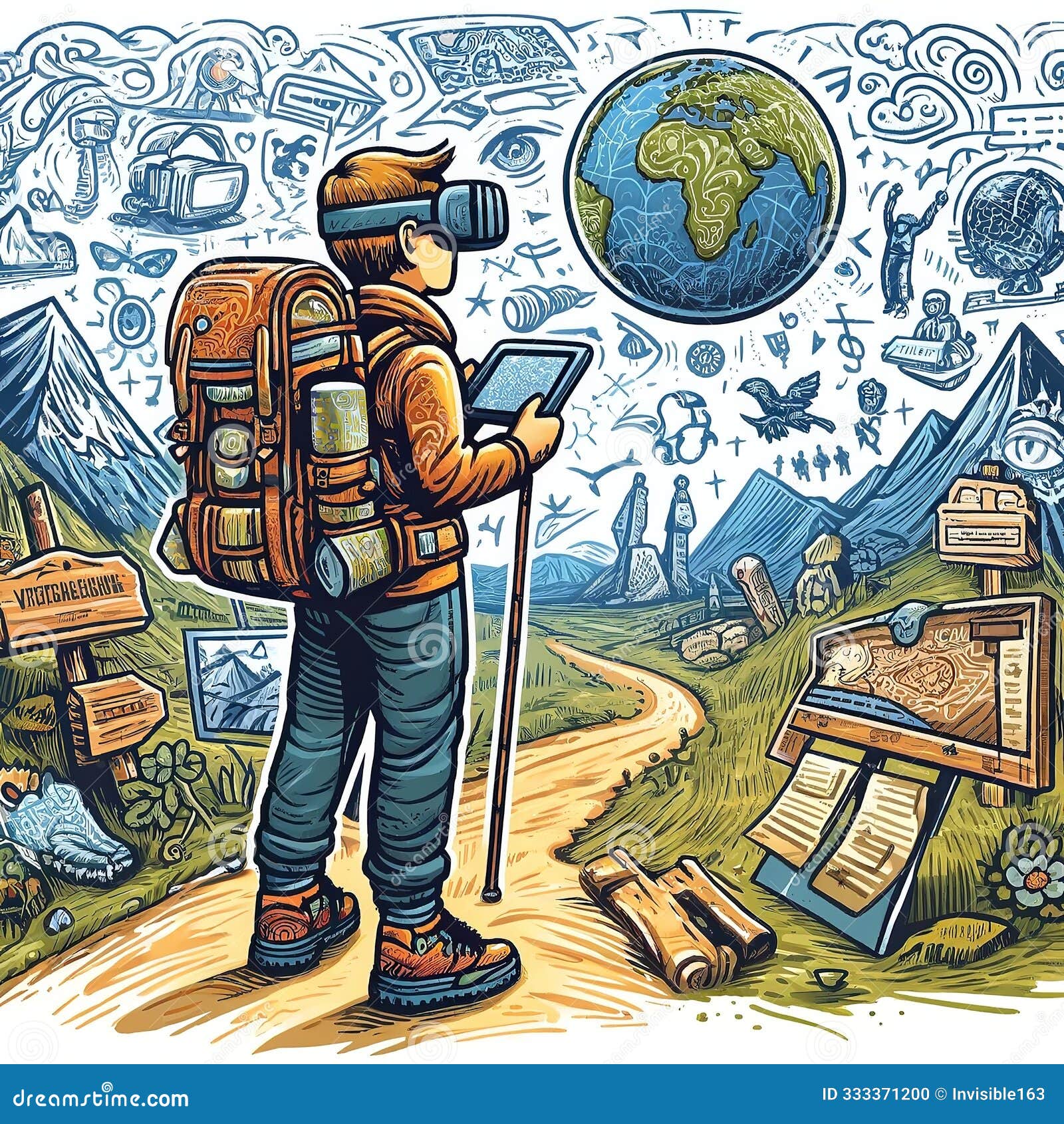 A Doodle of a Hiker Wearing a VR Headset, Virtually Exploring Famous ...