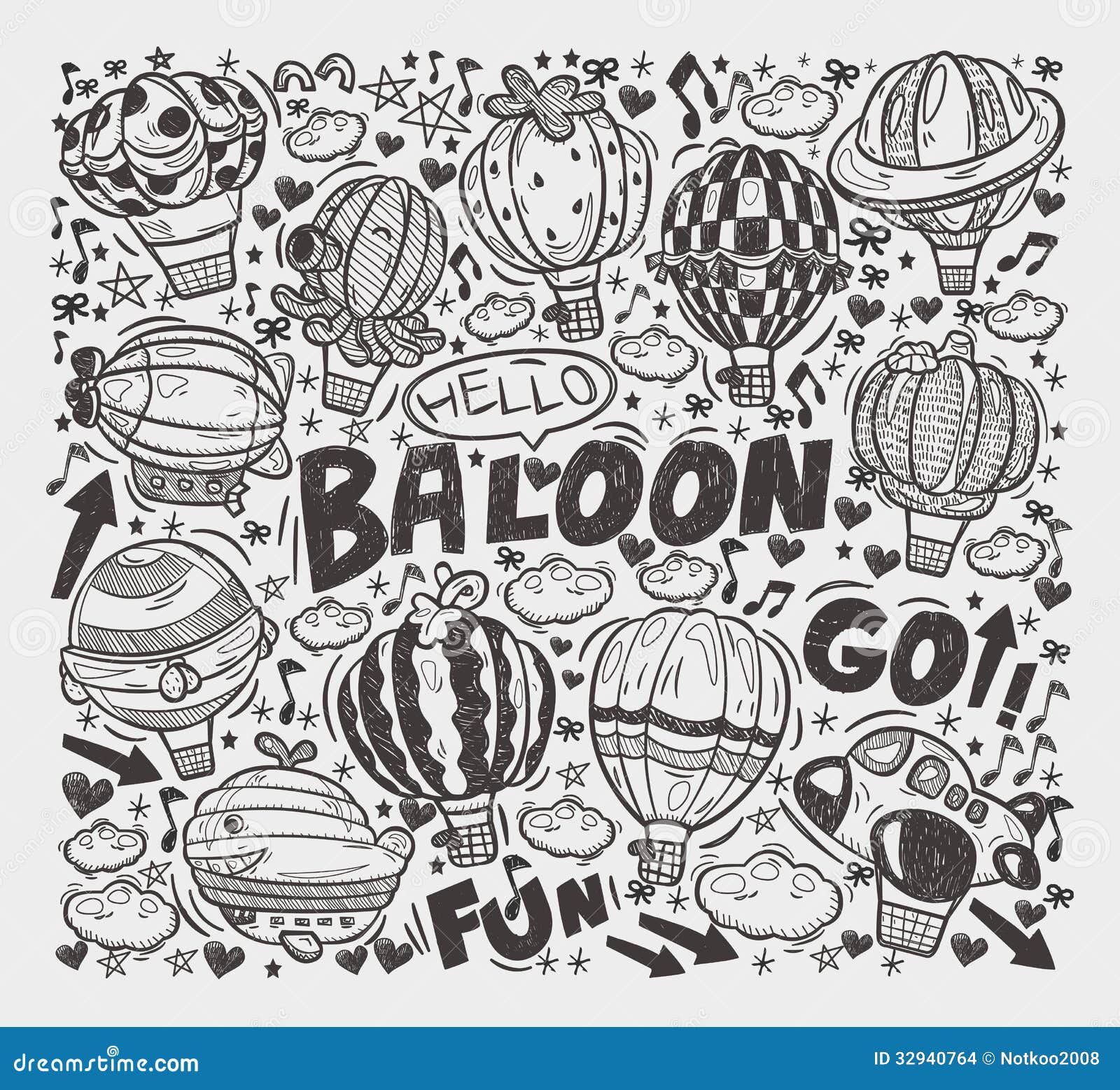 Doodle Hot Air Balloon Elements Stock Illustration - Illustration of ...