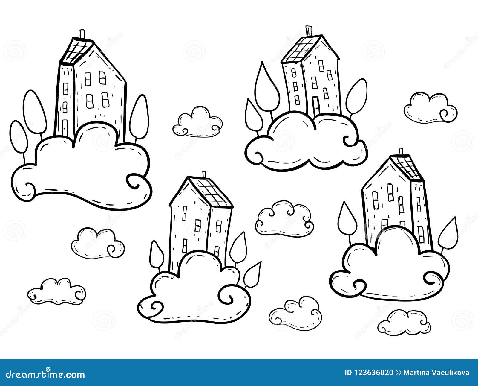 Doodle Houses Flying on Clouds Stock Vector - Illustration of building ...