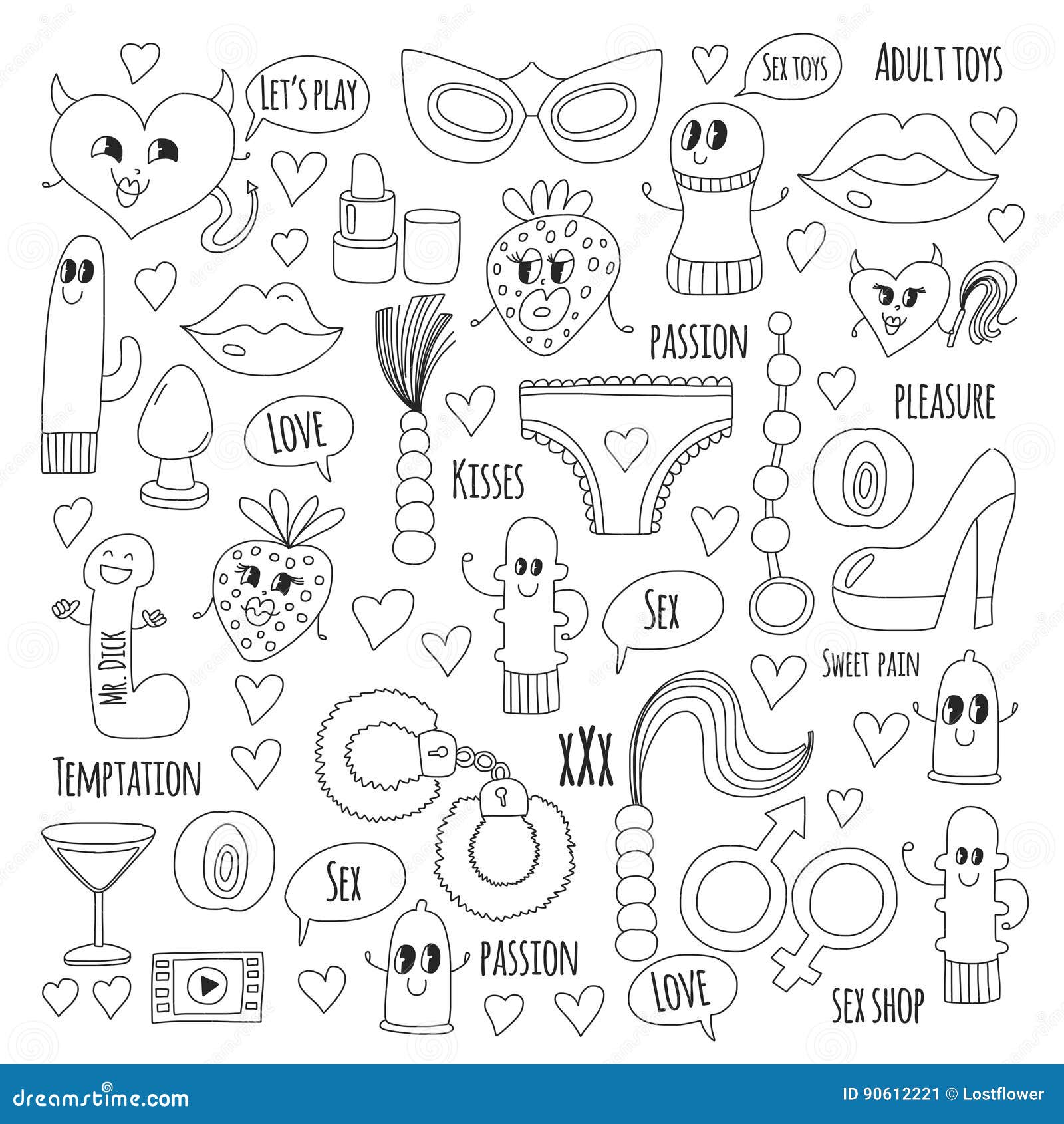 Doodle Humorous Vector Sextoys For Sex Shop Internet Shop Dildo Sex Love Passion Temptation