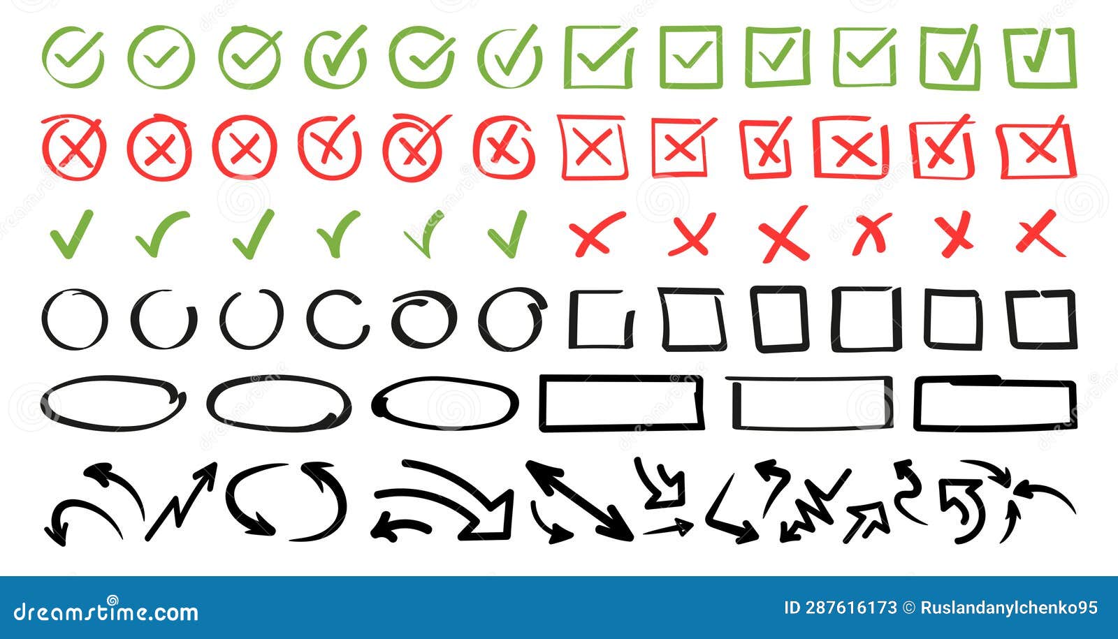 Doodle Icon Set. Check Mark Hand Drawn With Different Circle Arrows ...