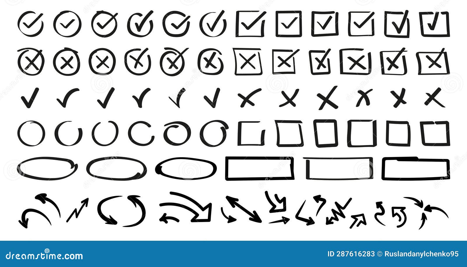 Doodle Icon Set. Check Mark Hand Drawn With Different Circle Arrows ...