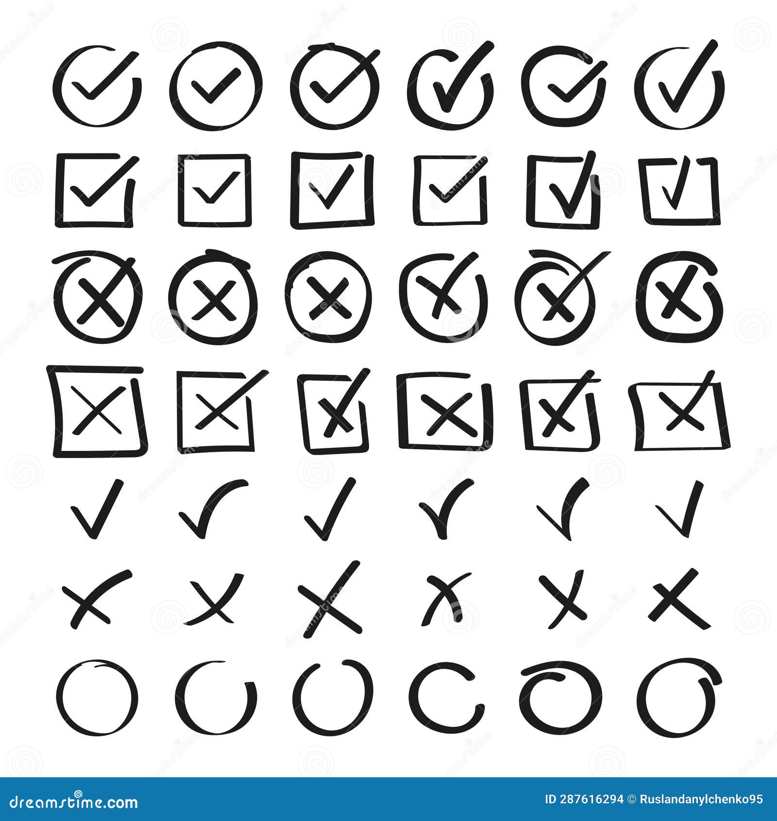 Doodle Icon Set. Check Mark Hand Drawn with Different Circle Arrows ...