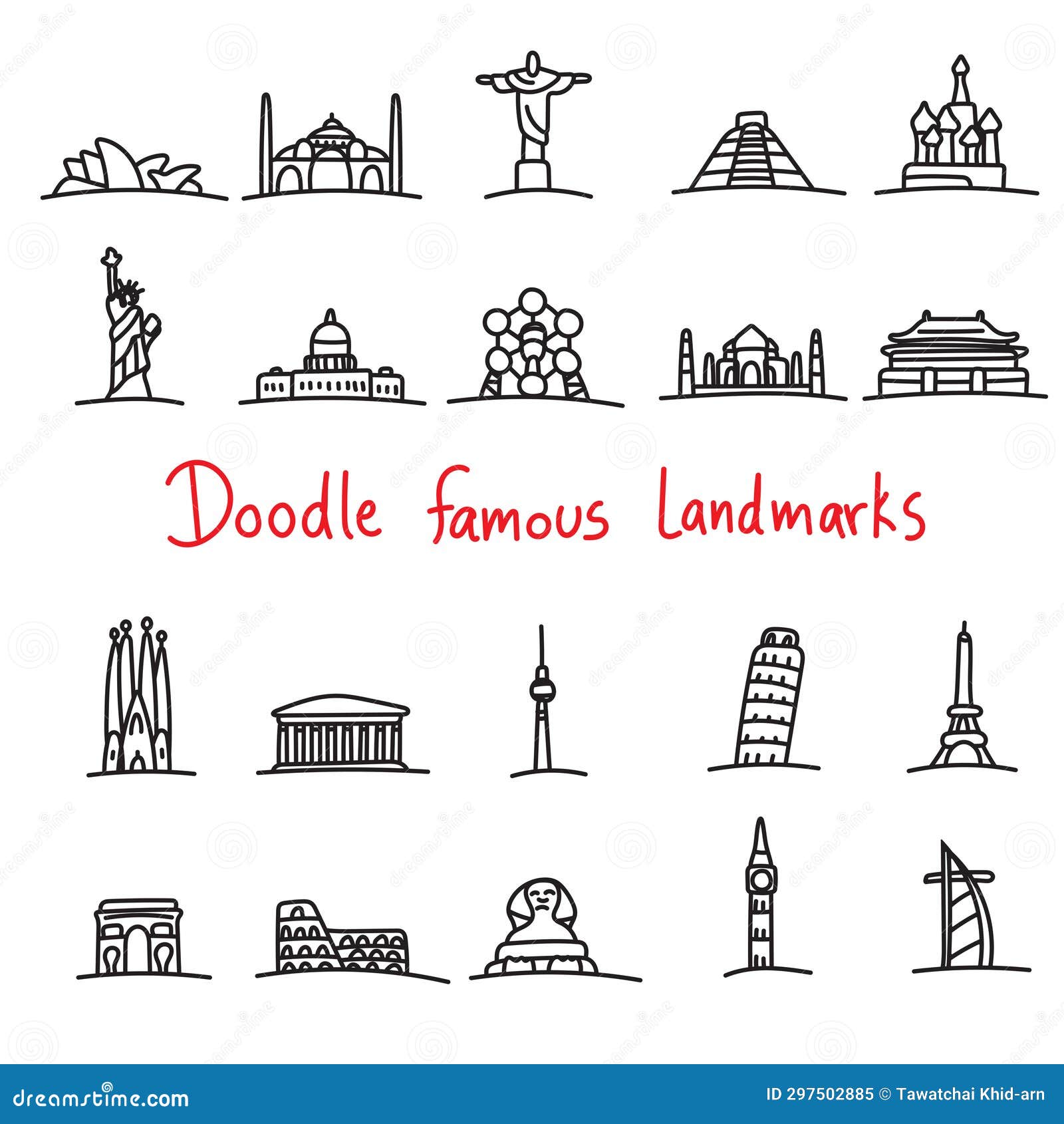 Doodle Icon Set of World Landmarks Hand Drawn Isolated on White ...