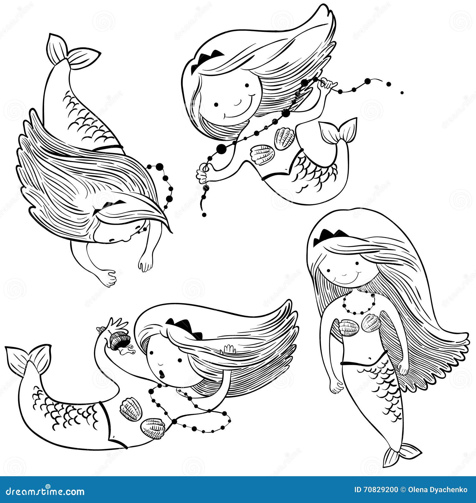 Doodle Illustration Set with Cute Mermaids Stock Vector - Illustration ...