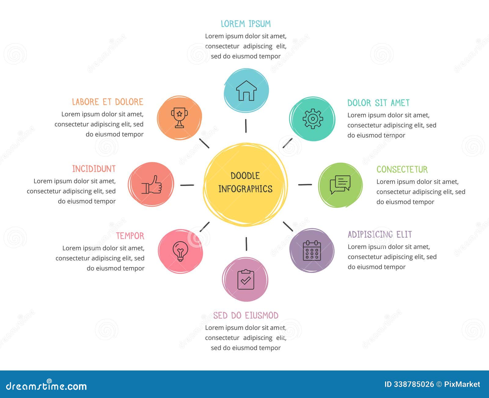 Doodle Infographics - Circle Diagram with 8 Elements Stock Vector - Illustration of round, eight ...