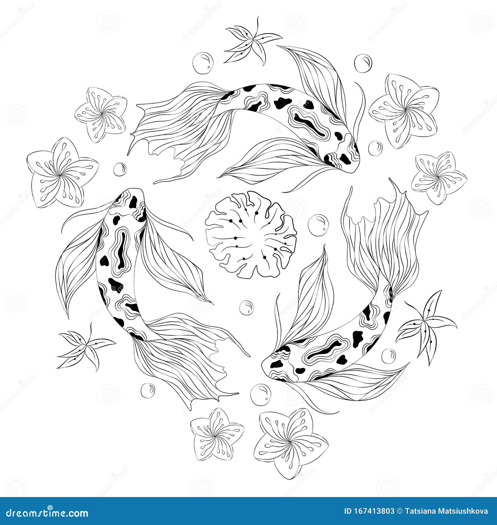 Doodle Japanese Composition with Lotus, Koi Fish Stock Vector ...