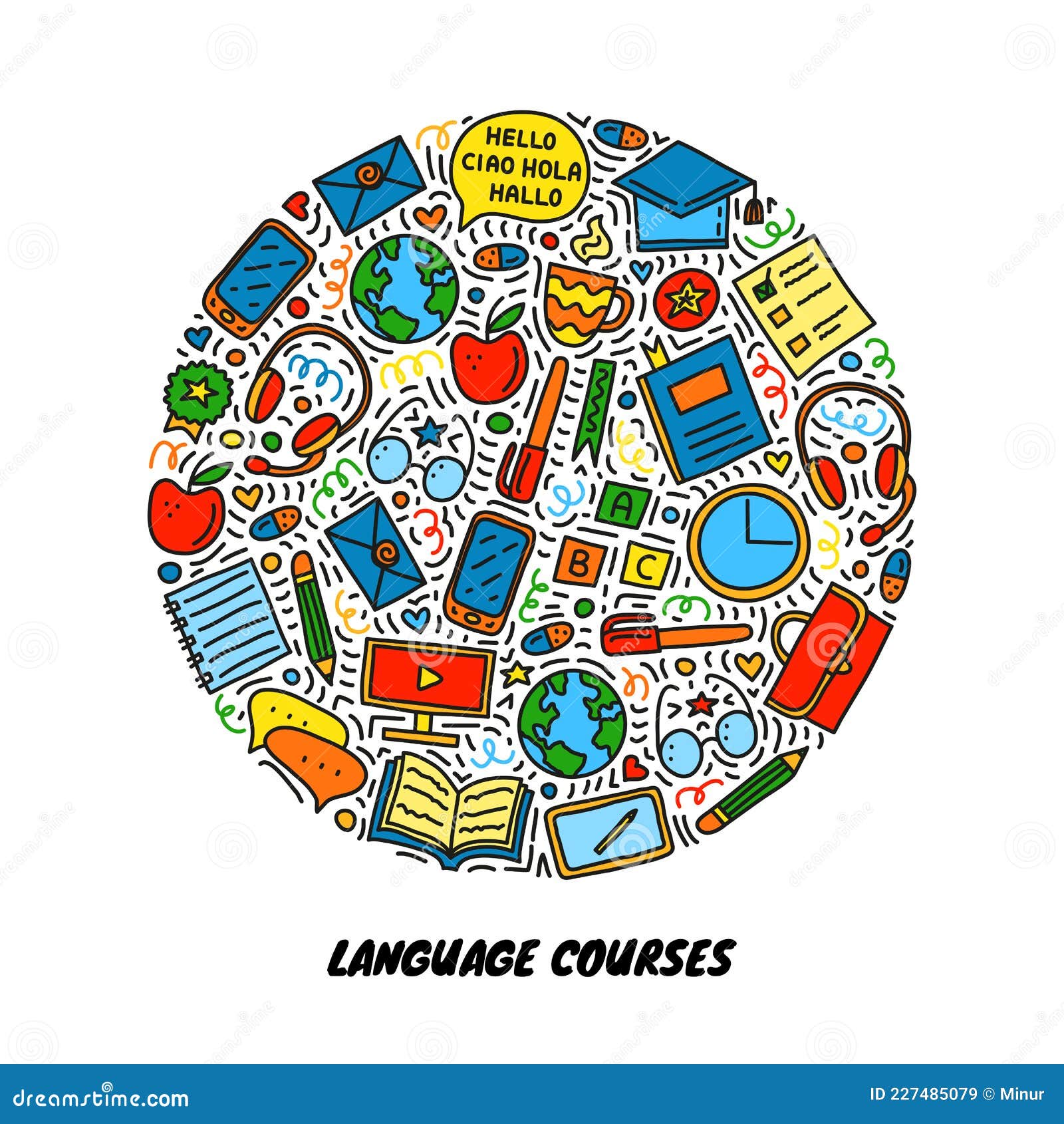 Doodle Language Courses Icons in Circle. Stock Vector - Illustration of ...