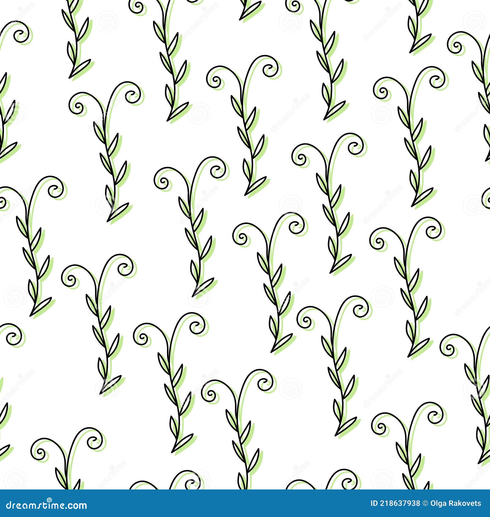 Doodle Leaf Seamless Pattern with Two Curls, Outline Twigs with Green ...