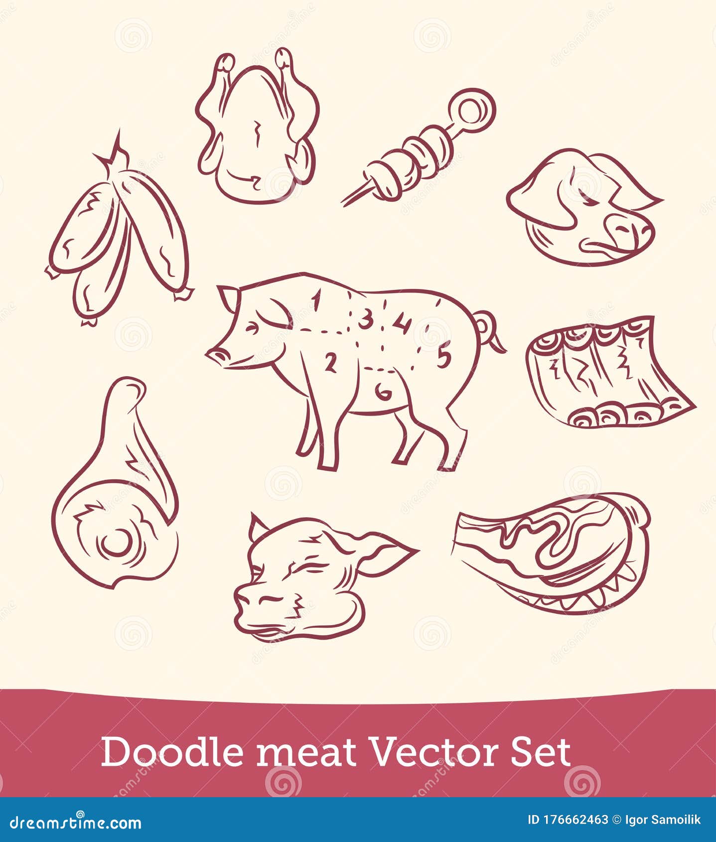 Doodle Meat Set Isolated on White Background. Vector Stock Vector ...