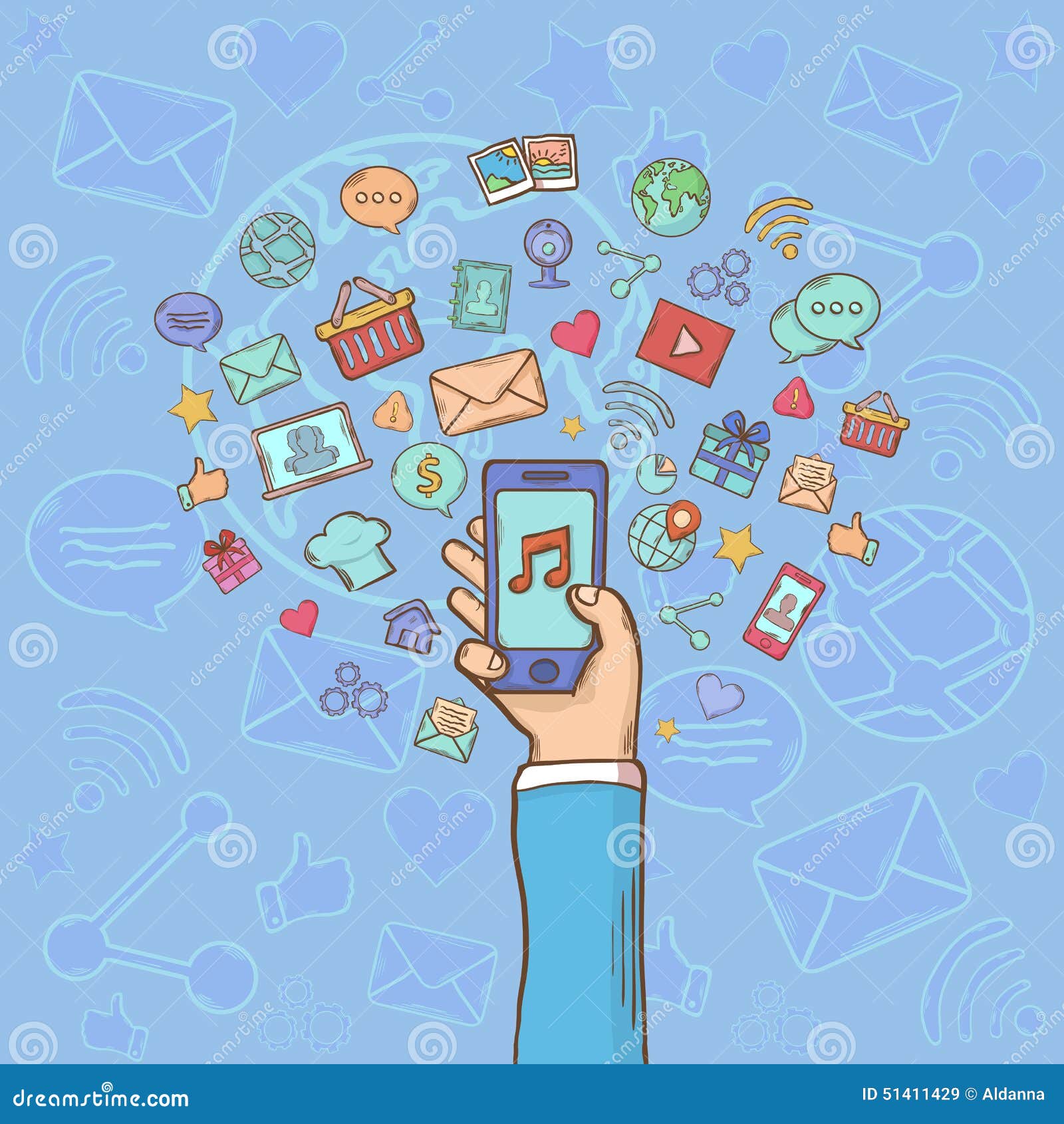 Doodle Mobile Apps with Hand Stock Vector - Illustration of camera ...