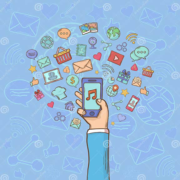 Doodle Mobile Apps with Hand Stock Vector - Illustration of camera ...