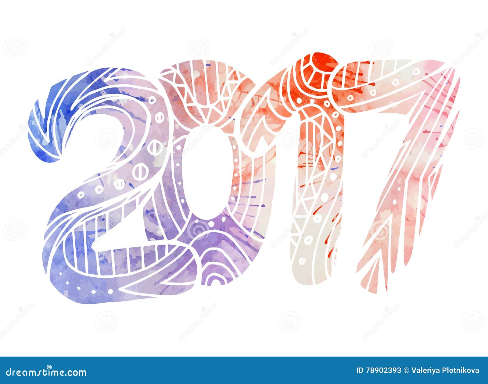 Doodle Number 2017 with Boho Pattern and Watercolor Background Stock ...