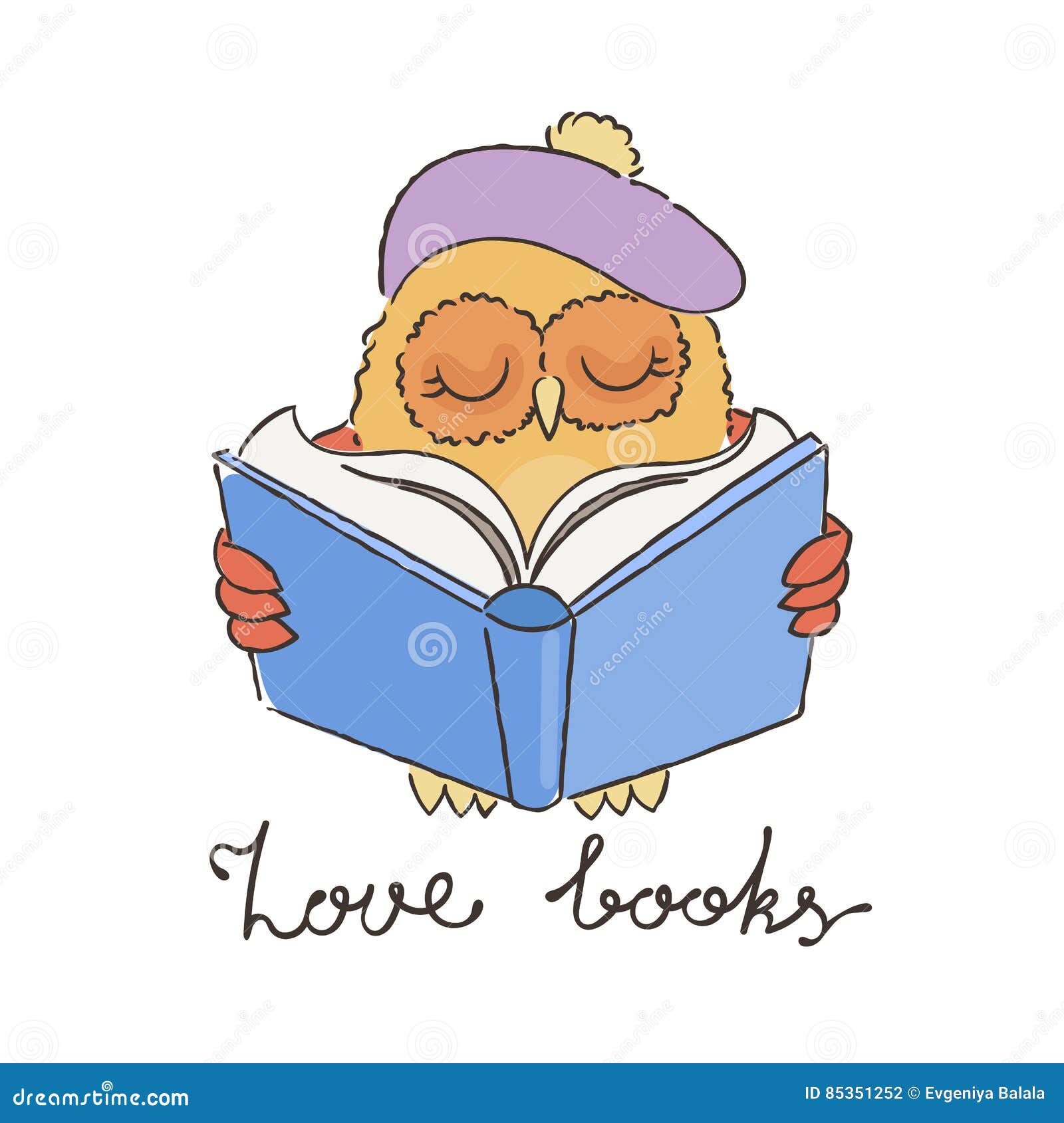 Doodle Owl with Book in Beret. Stock Vector - Illustration of bird ...
