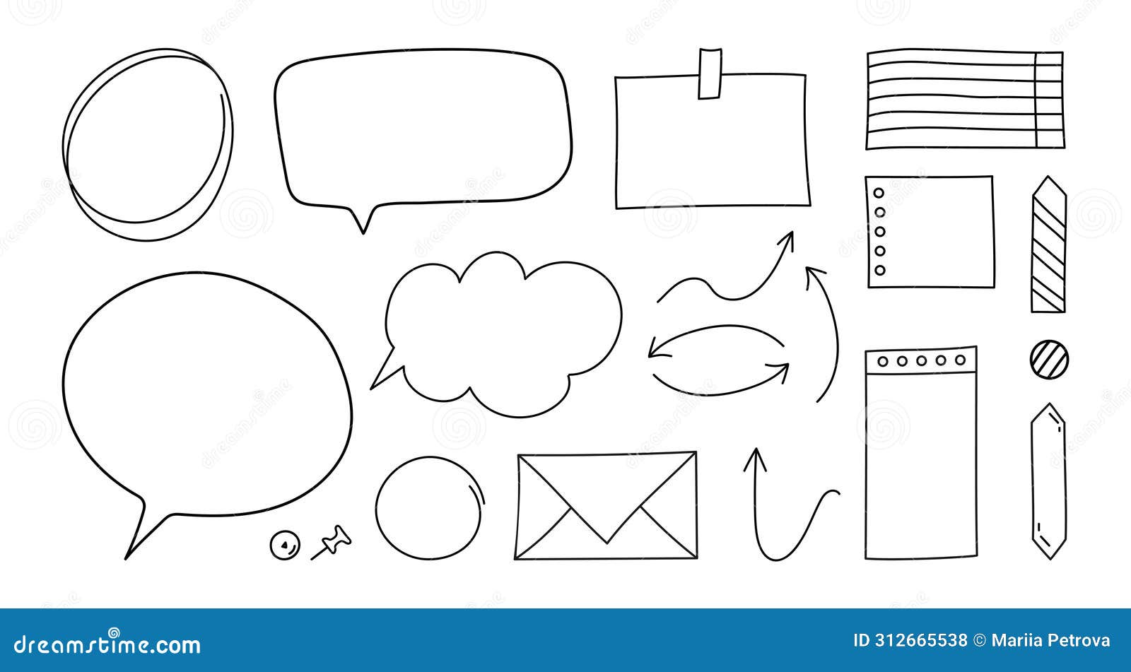 Doodle Paper Notes Set. Paper Sheets, Speech Bubbles, Bookmarks, Pins ...