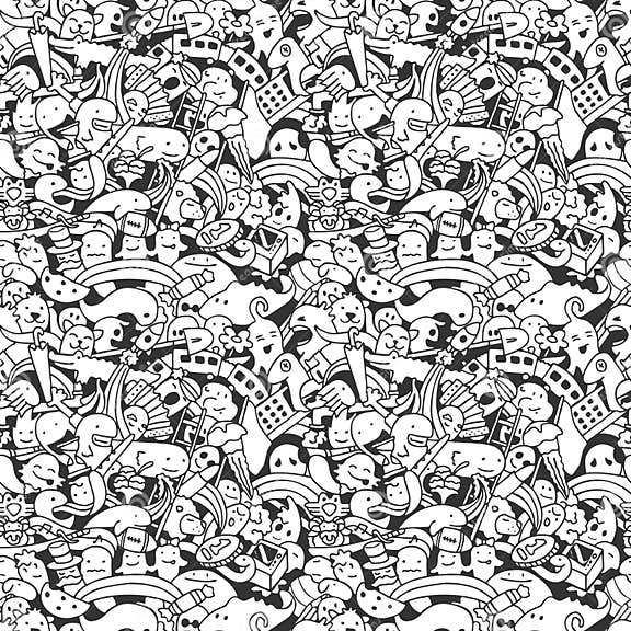Doodle Pattern with Crazy Doodle Characters. Stock Vector ...