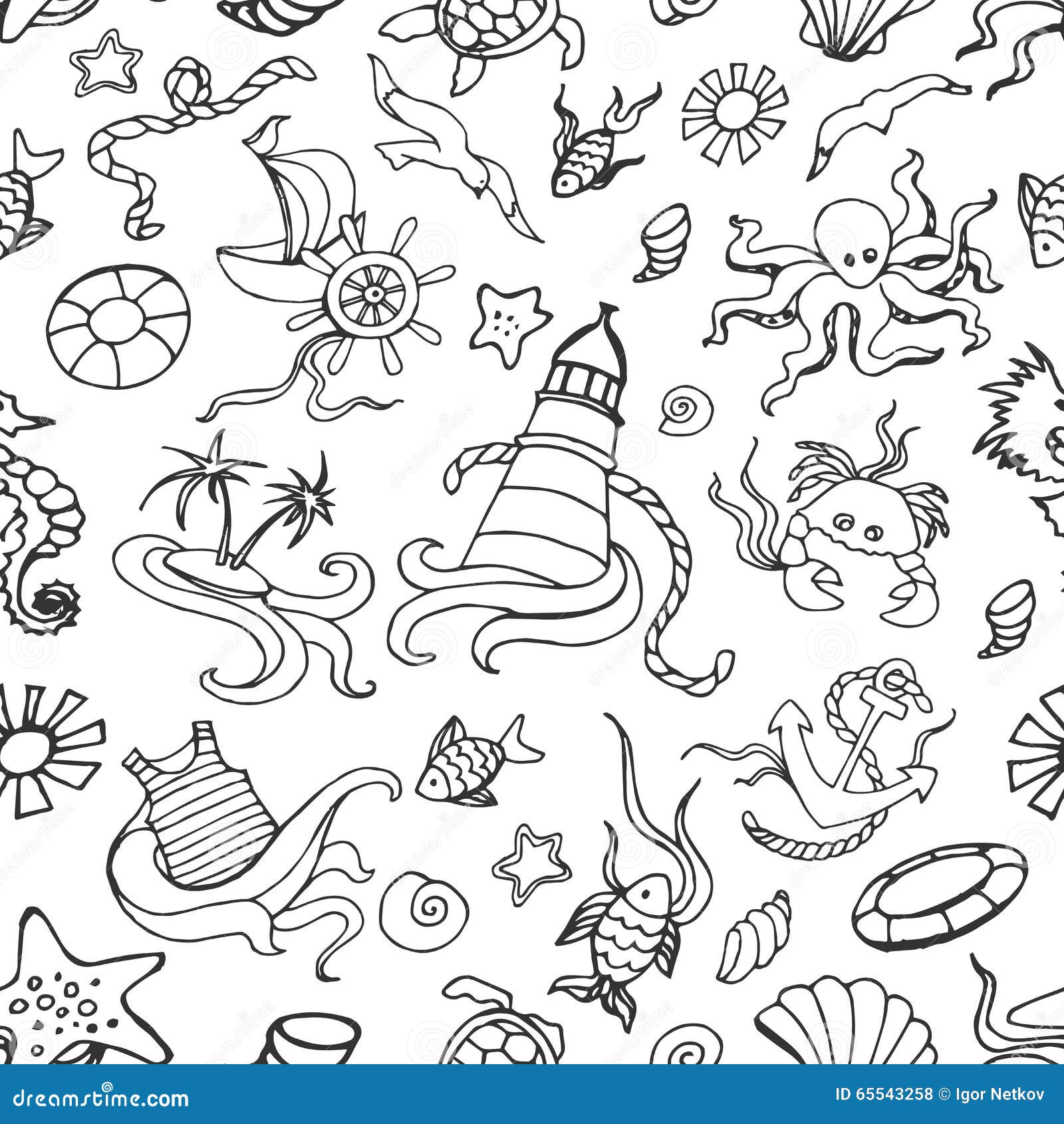 Doodle pattern sea stock vector. Illustration of algae - 65543258