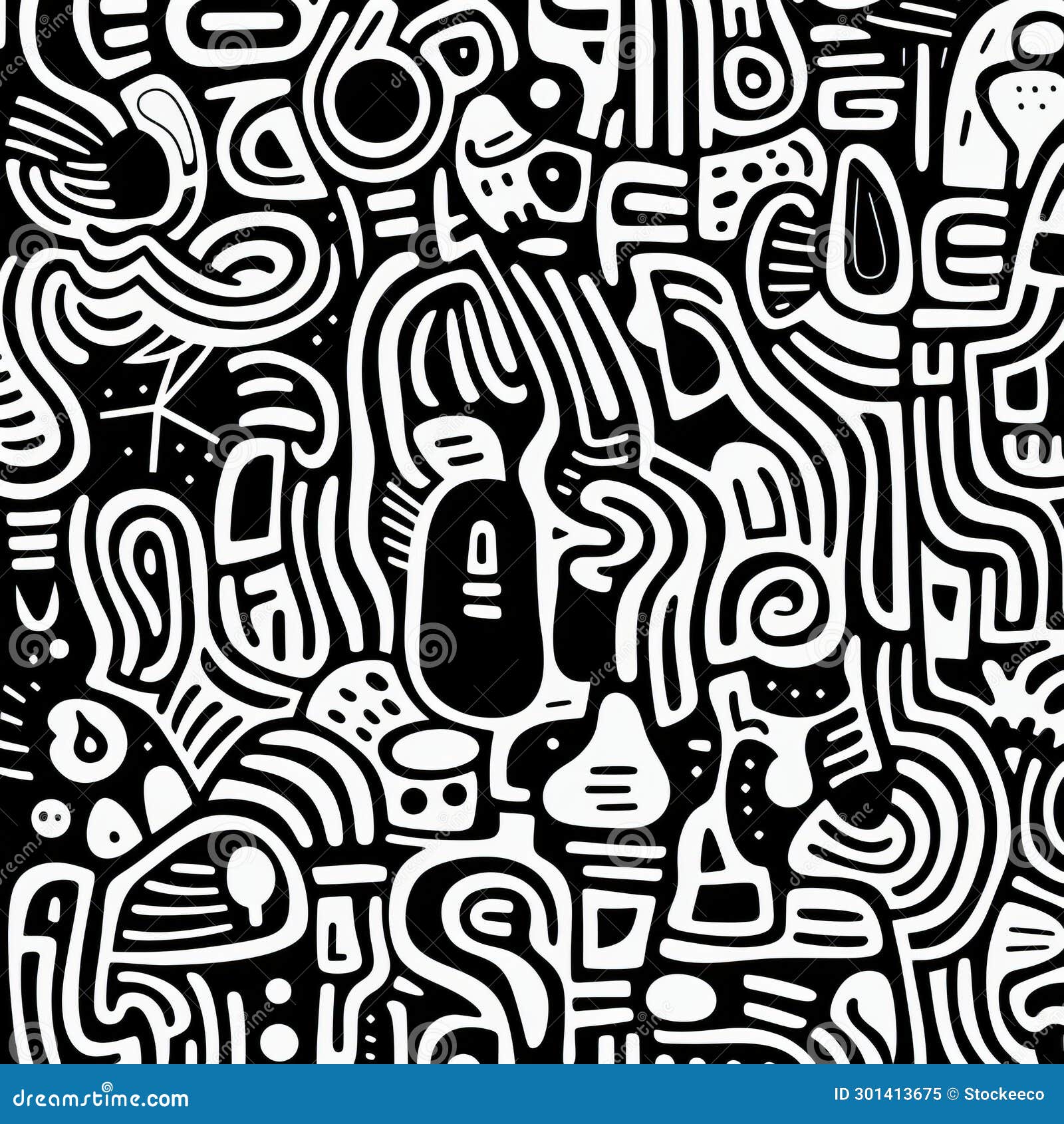 Whimsical Cyborgs: Abstract Black and White Pattern with Absurd Doodles ...