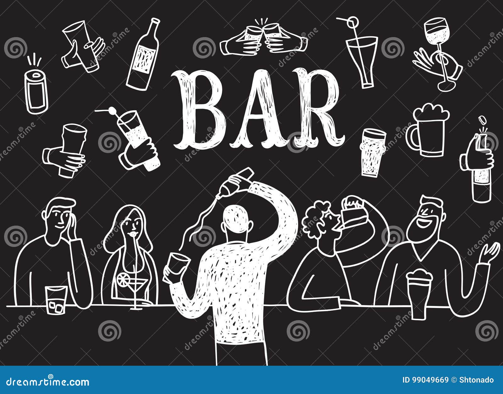 Doodle People Drinking at the Bar. Stock Vector - Illustration of ...