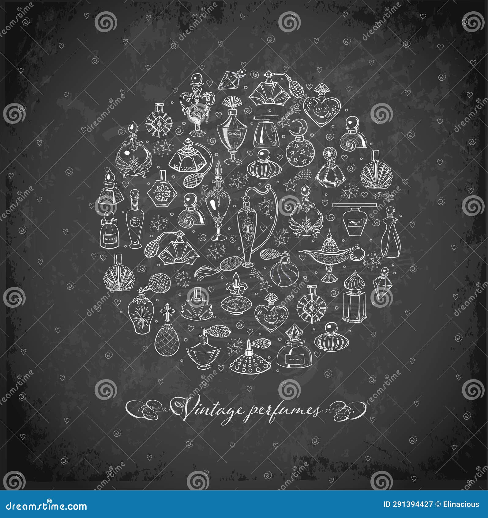 Doodle Perfume Bottles in Circle on Blackboard Background. Vector ...