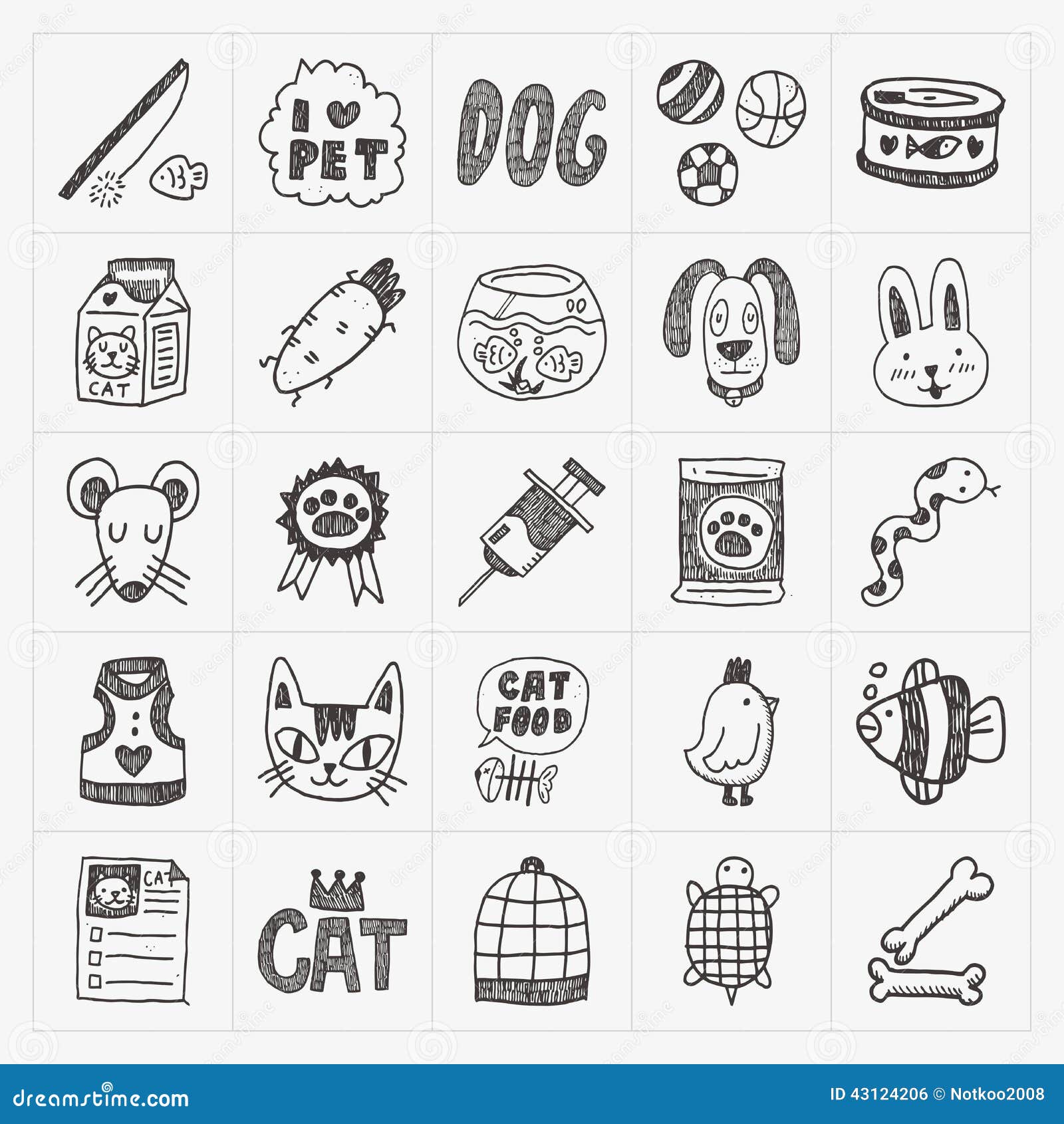 Doodle pet icons set stock vector. Illustration of food - 43124206