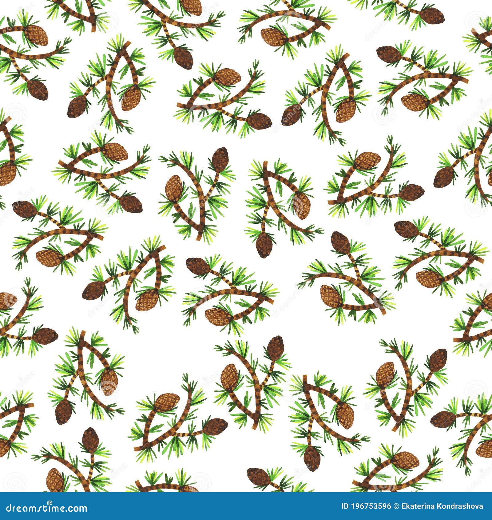 Doodle Pine Forest Tree with Cones Decorative Branch Seamless Pattern ...