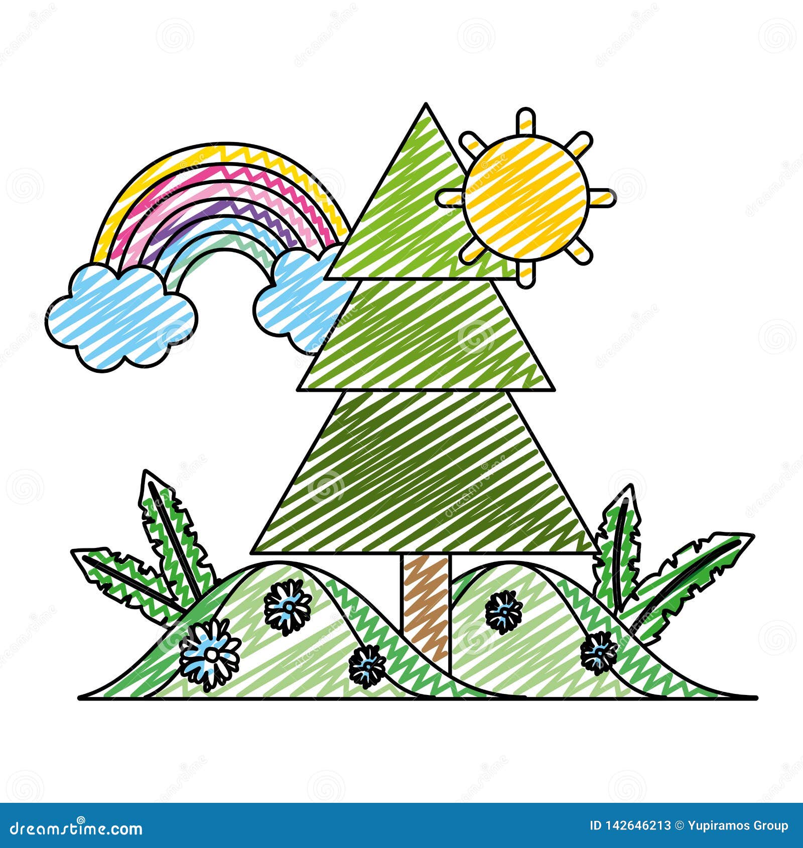 Doodle Pine Tree Witn Mountains and Plants Landscape Stock Vector ...