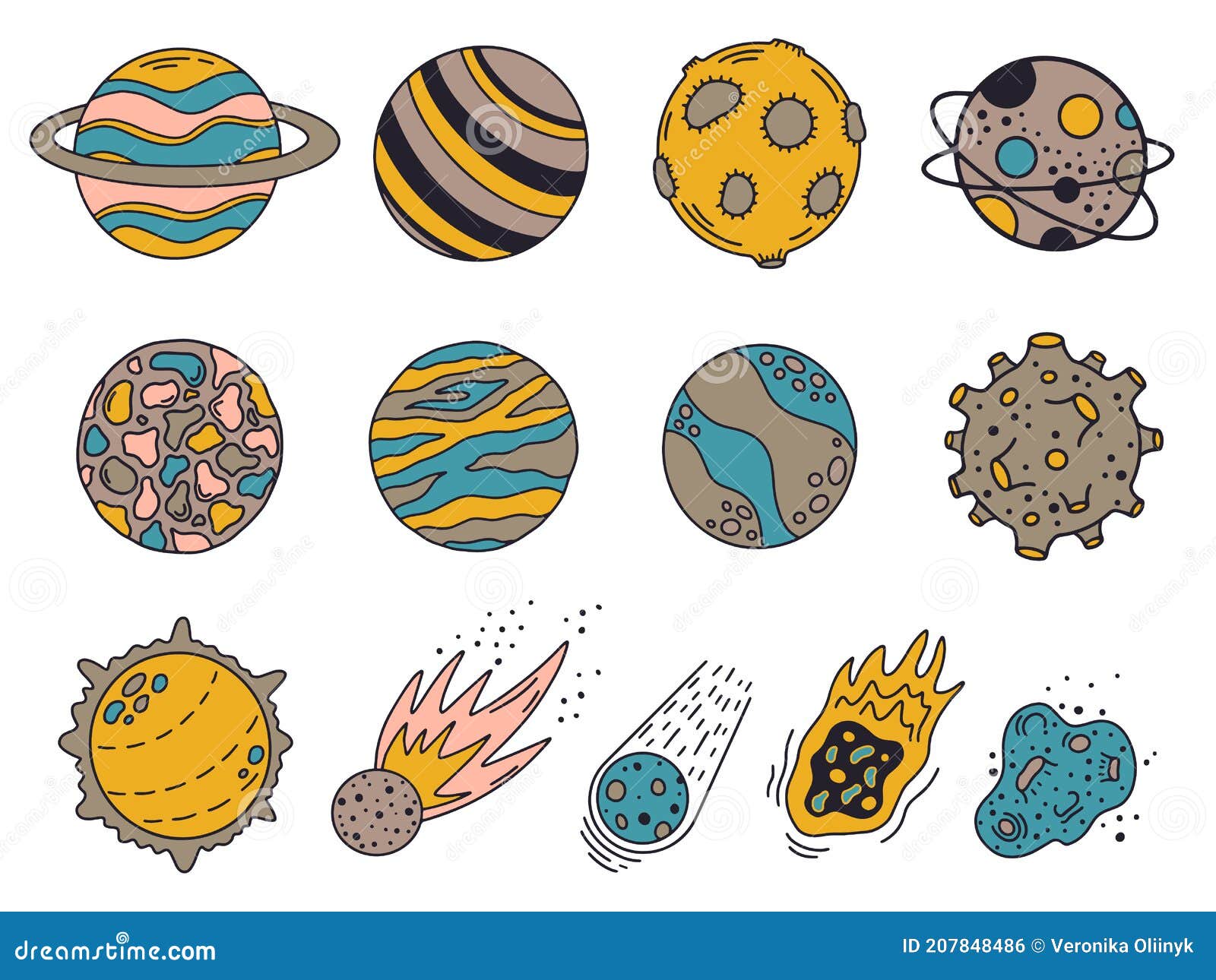 Doodle Planets. Hand Drawn Universe Planets and Meteorites, Cute Solar ...
