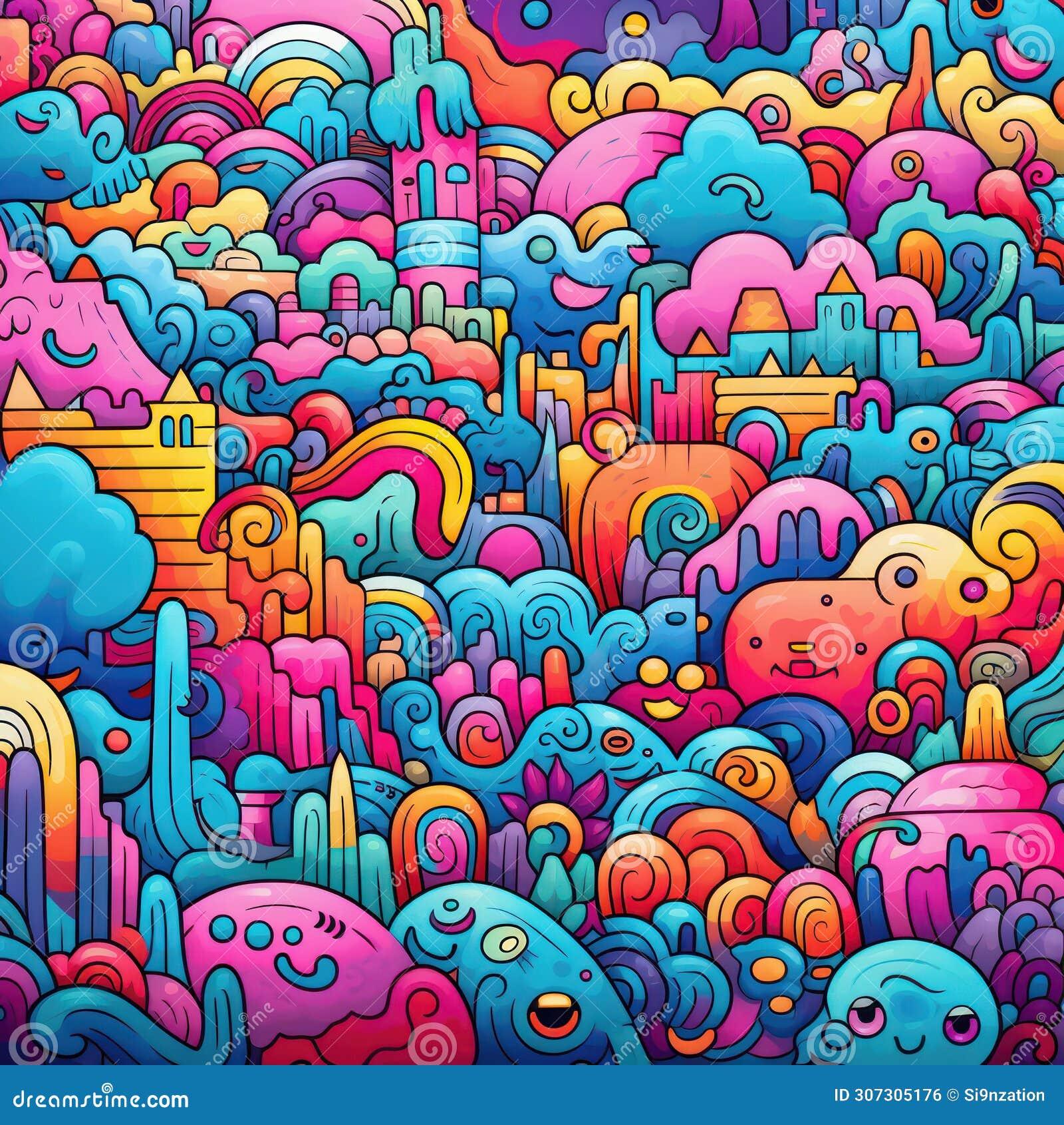 Doodle Pop Art Seamless Pattern. Crazy Color Palette. Psychedelic ...