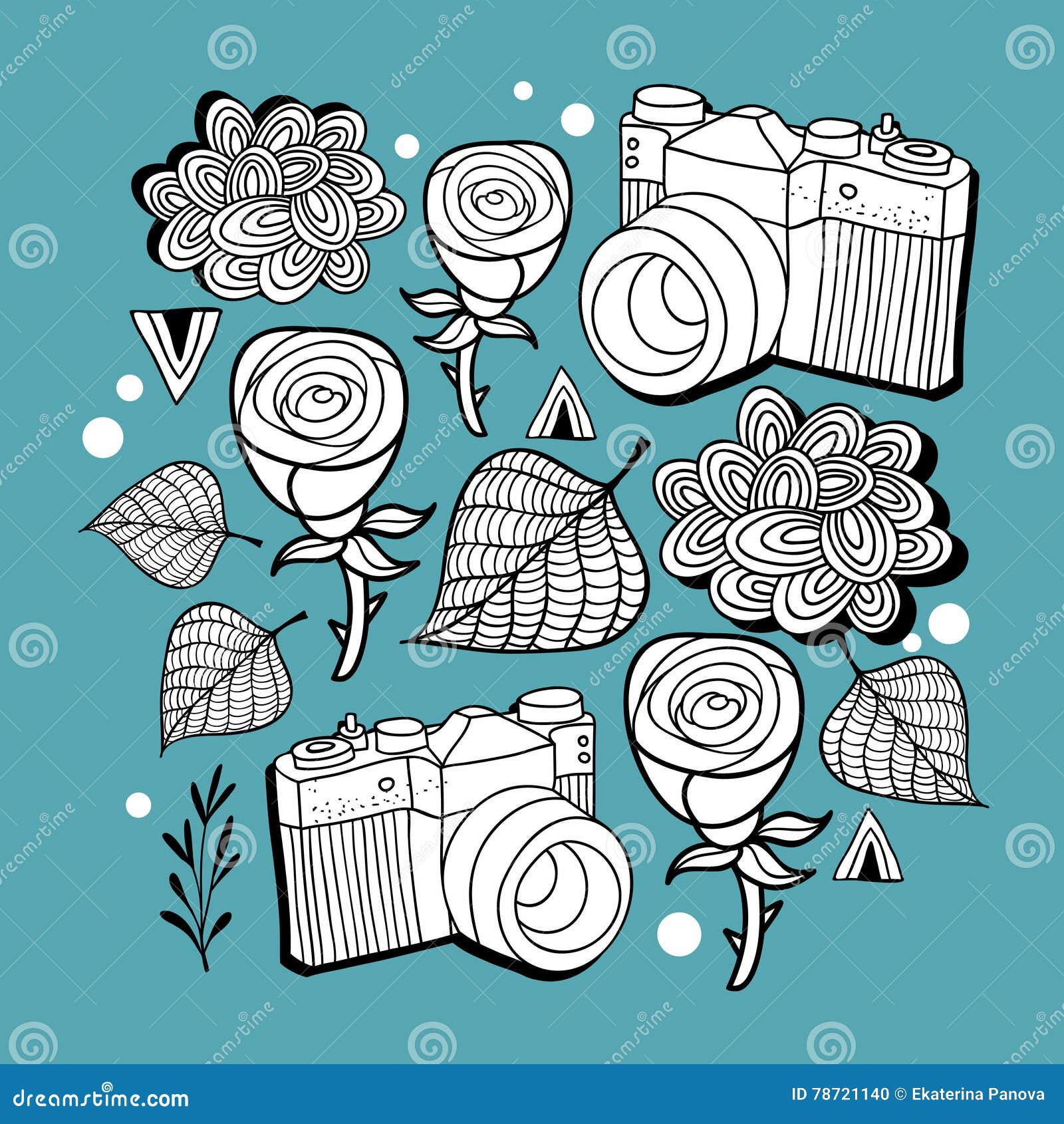 Doodle Print with Photo Cameras and Roses. Stock Vector - Illustration ...