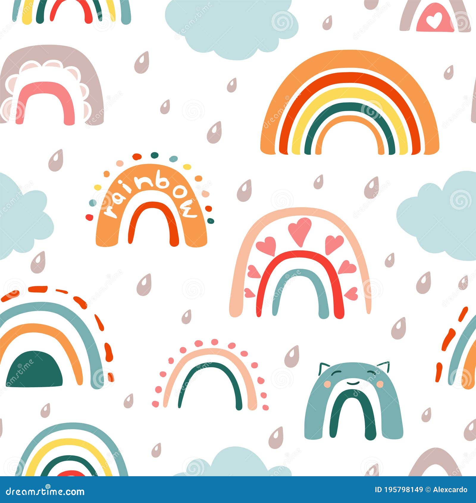 Doodle Rainbow with Rain Seamless Pattern. Children Colored Half Rings ...