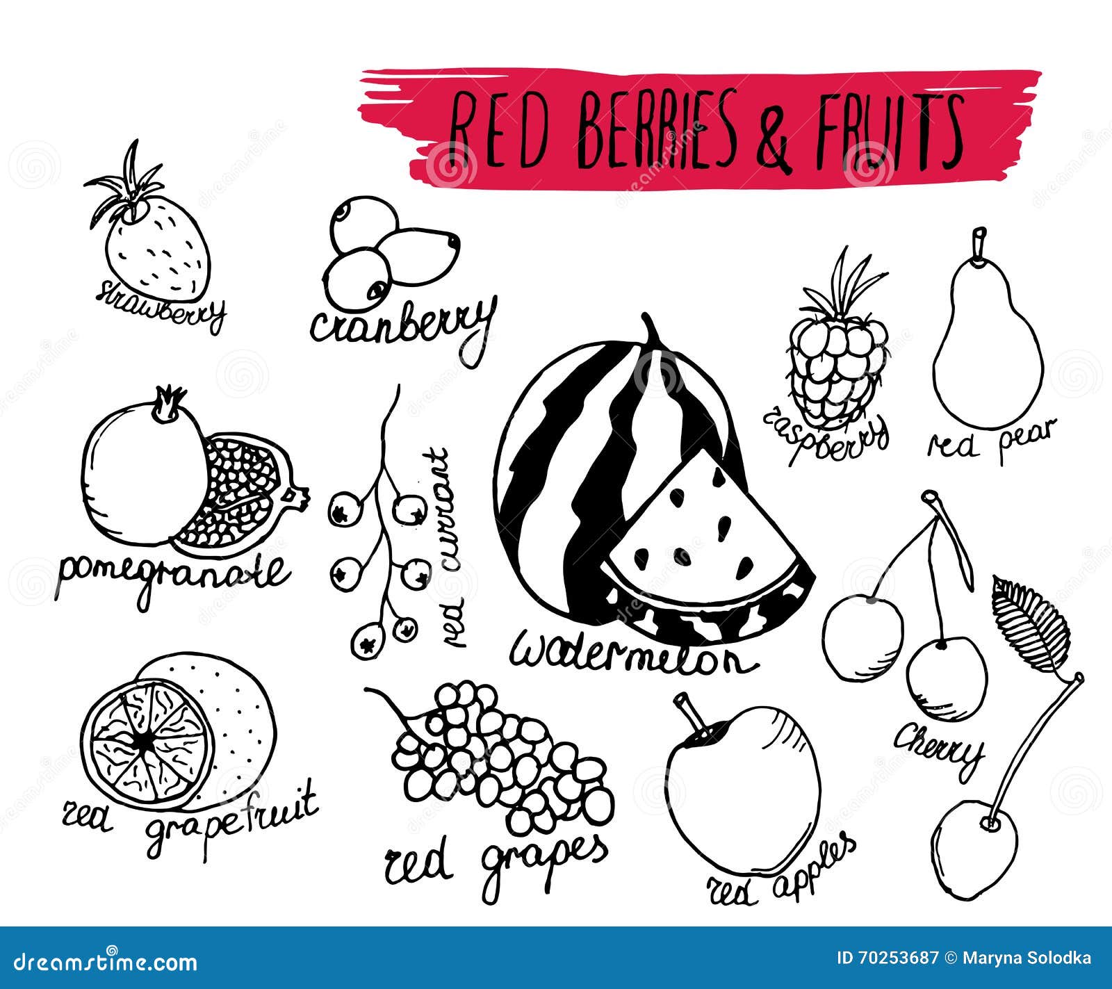 Doodle Red Berries and Fruits . Vector Illustration Isolated on White ...