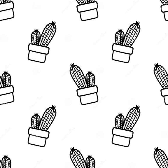 Seamless Patterns of Cactus Outline Cartoon Doodle, Vector. Stock ...