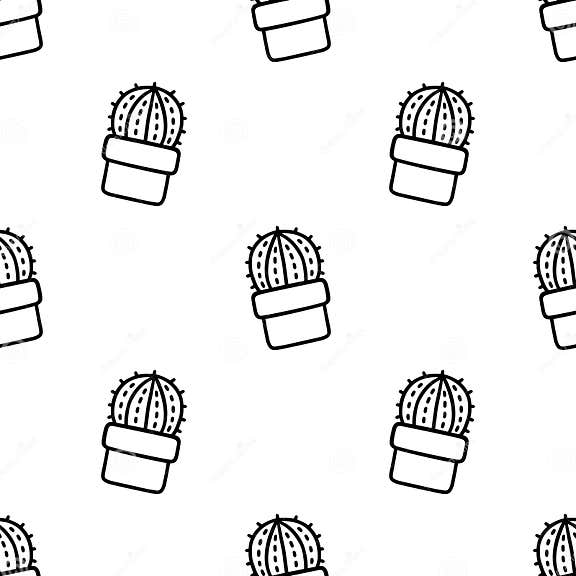 Seamless Patterns of Cactus Outline Cartoon Doodle, Vector. Stock ...